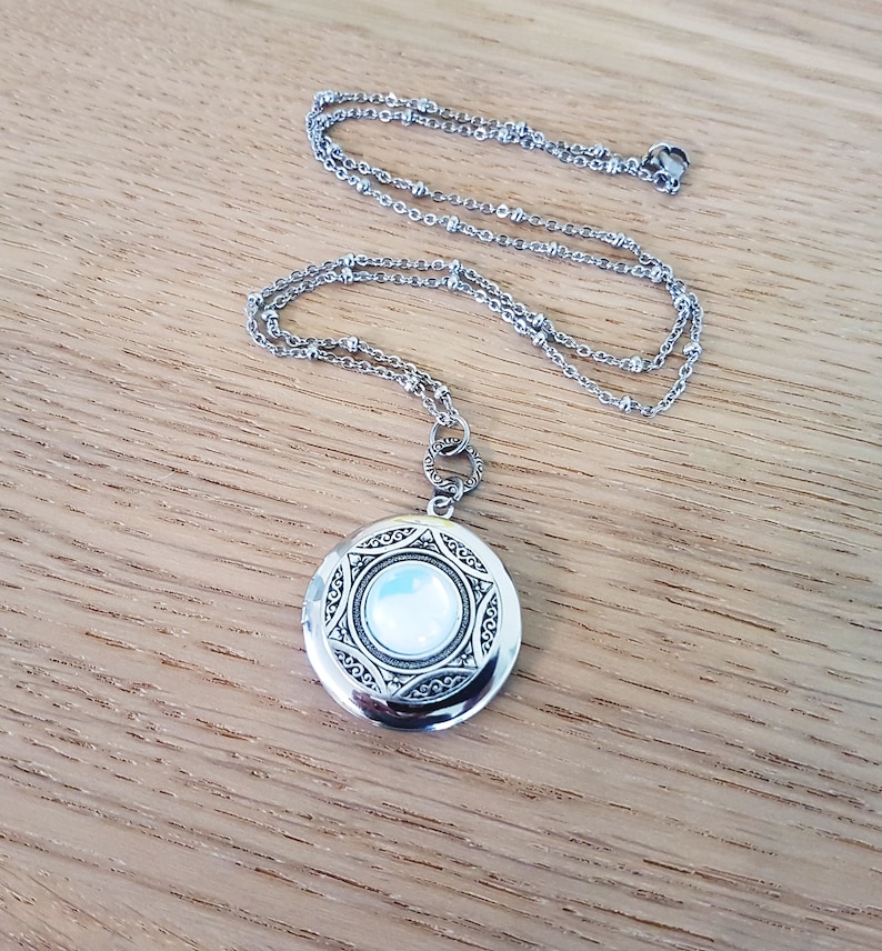 Moon Locket Art Deco Round Silver Necklace Vintage White Opal - Etsy