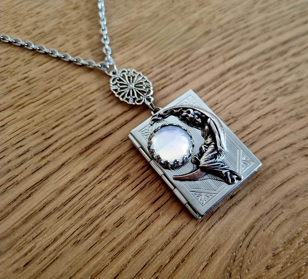 Vintage Style Silver Book Locket Necklace Crescent Moon Selene Luna Moon Goddess Glass Opal ...