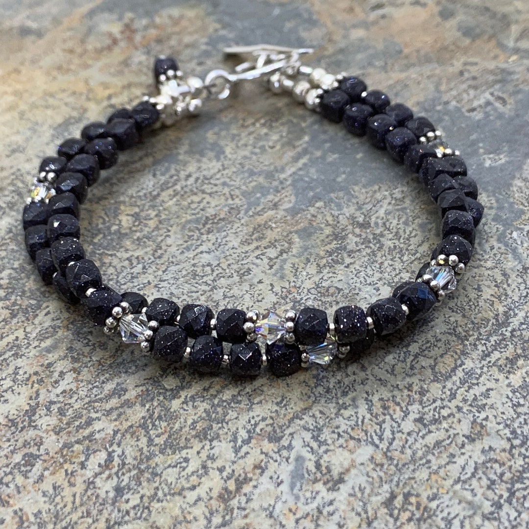 Dark Blue Sandstone Bracelet, Double Strand With Crystals and Sterling ...