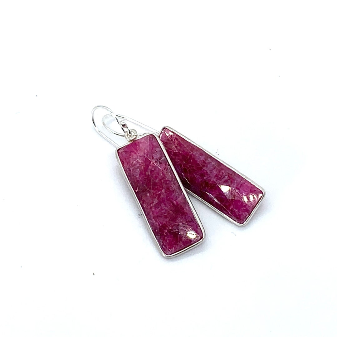 Long Ruby Rectangle Earrings in Sterling Silver Bezel Setting, 1.75 ...