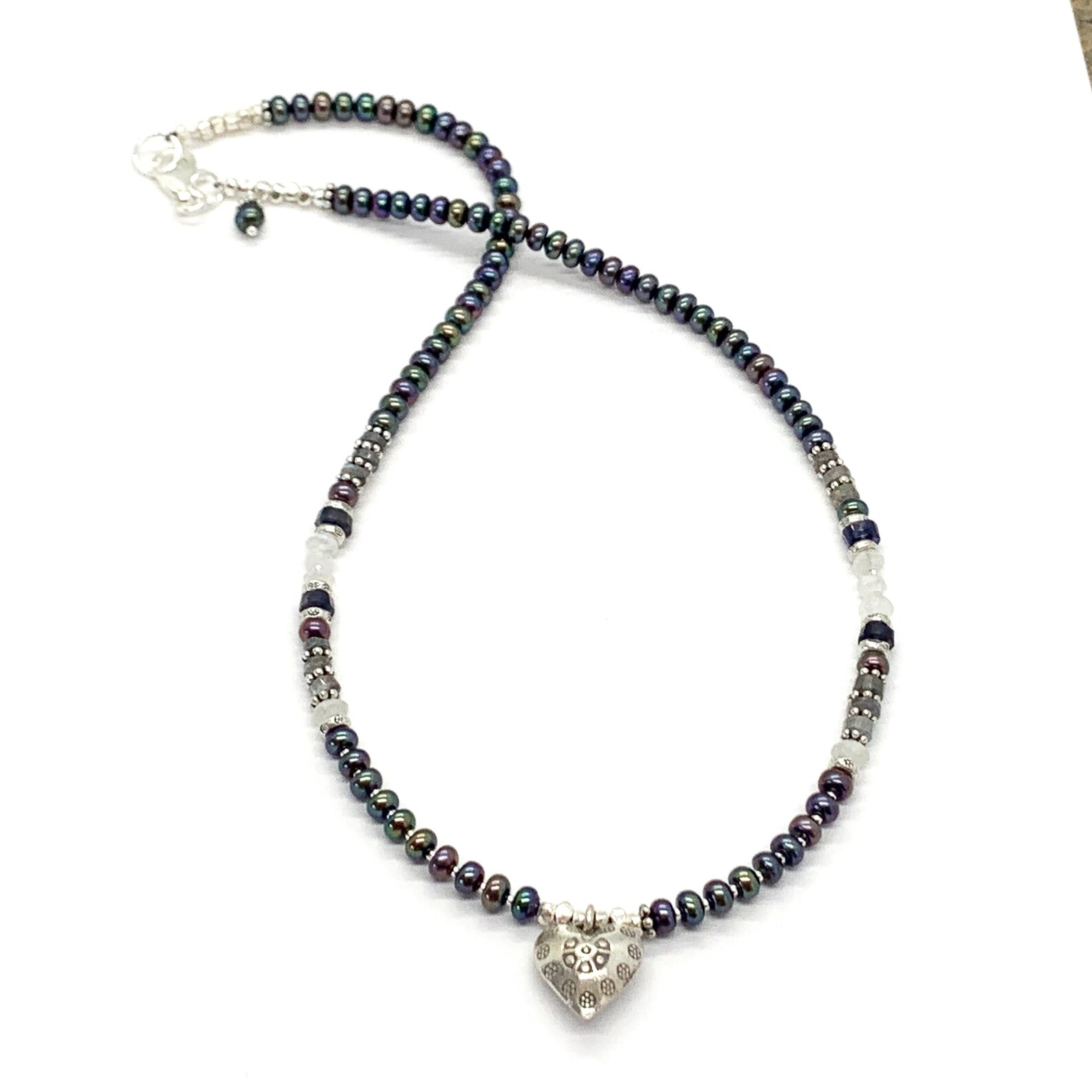 Peacock Pearl Necklace With Karen Hill Tribe Silver Heart, 18 Inch - Etsy