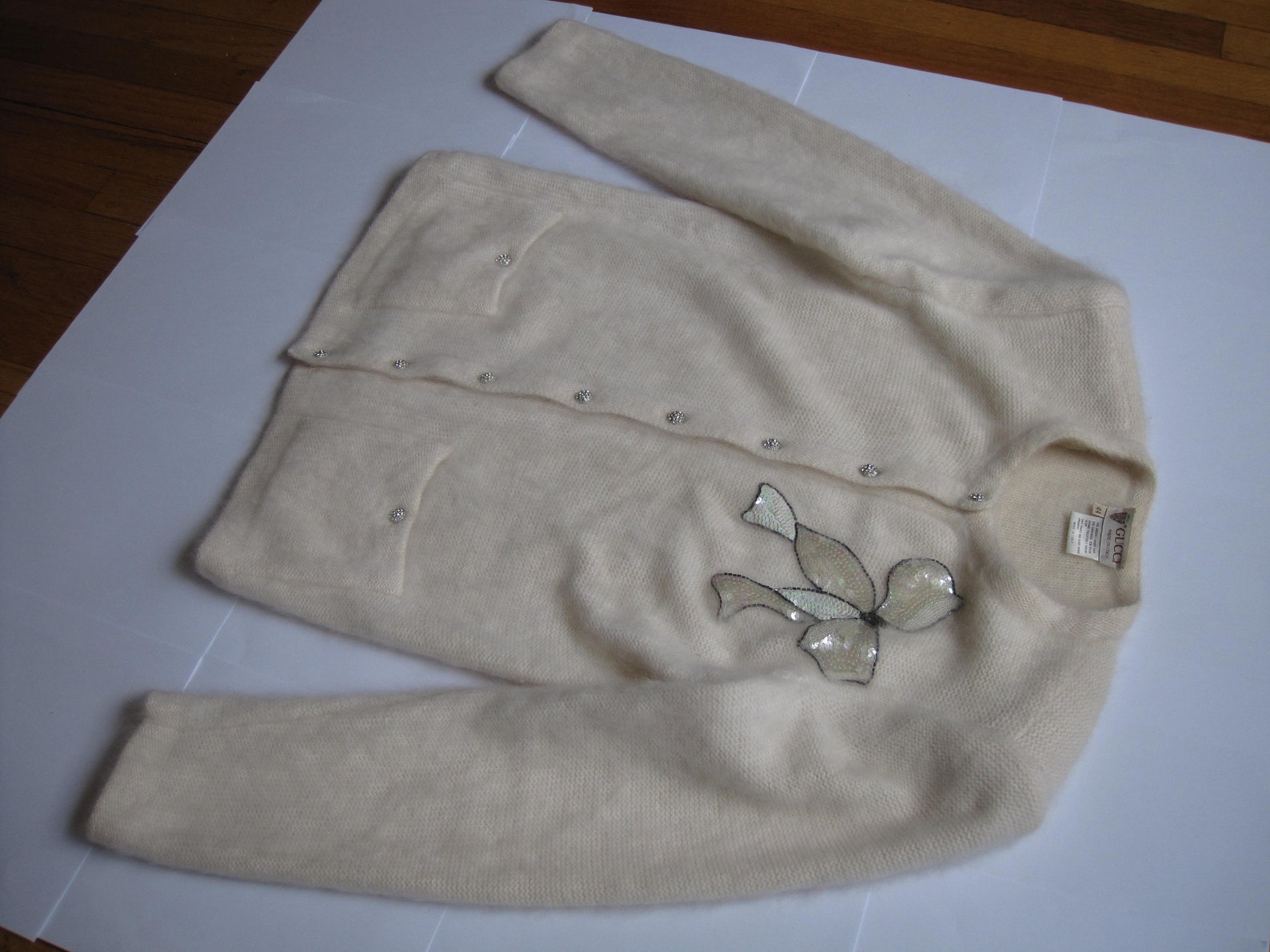 GUCCI VINTAGE SWEATER / Rare White Rabbit Hair Sequined Bow Sweater ...