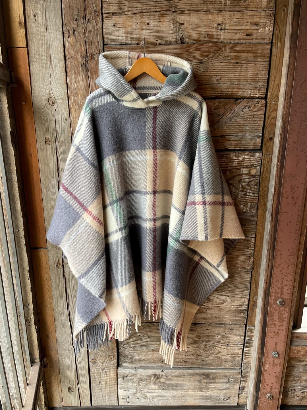 Grey Lambswool Poncho Hooded in Check Grey/beige Checked Hooded Blanket ...