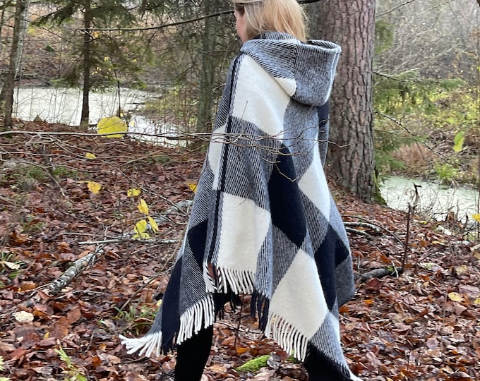 Ladies Poncho Cape With Hood and Fringes Black Checked - Etsy
