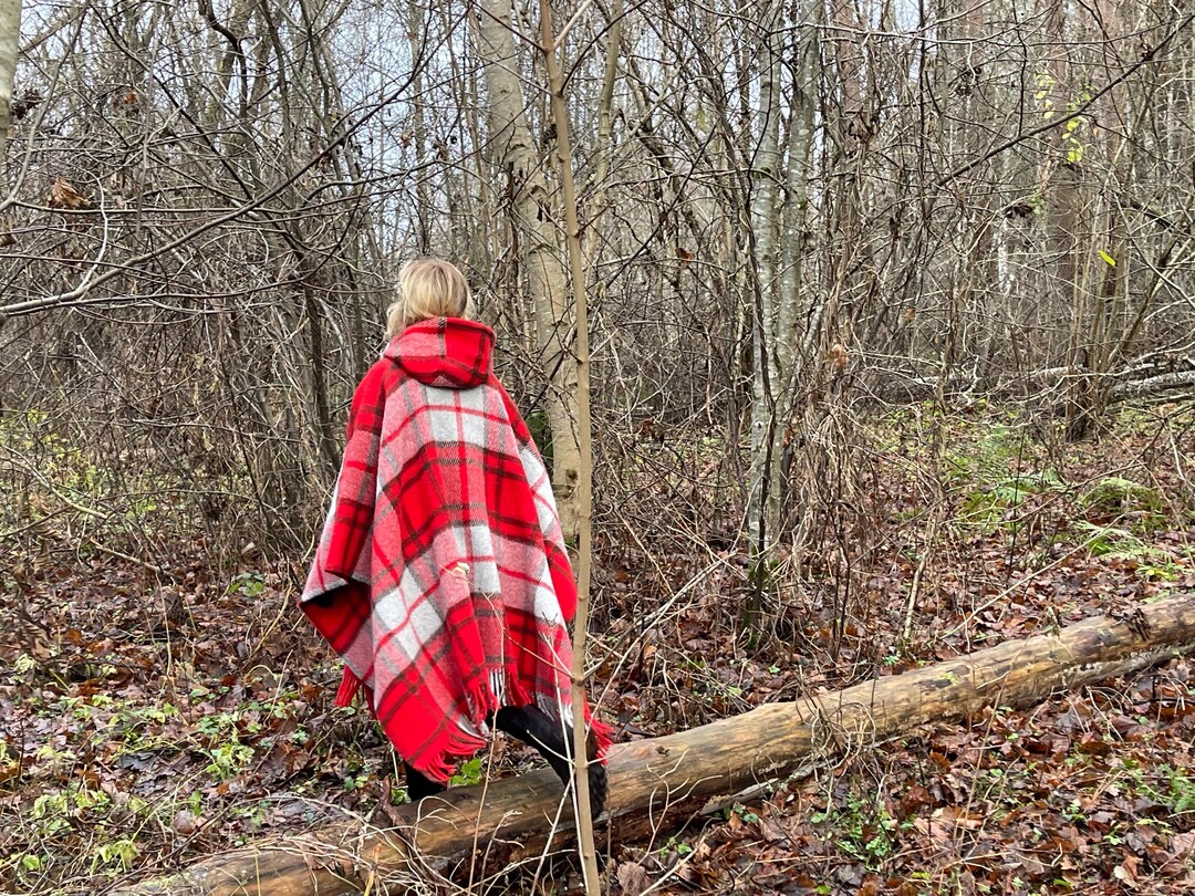 Red Wool Poncho With Hood Checked Grey Red Hooded Poncho Warm Checked ...