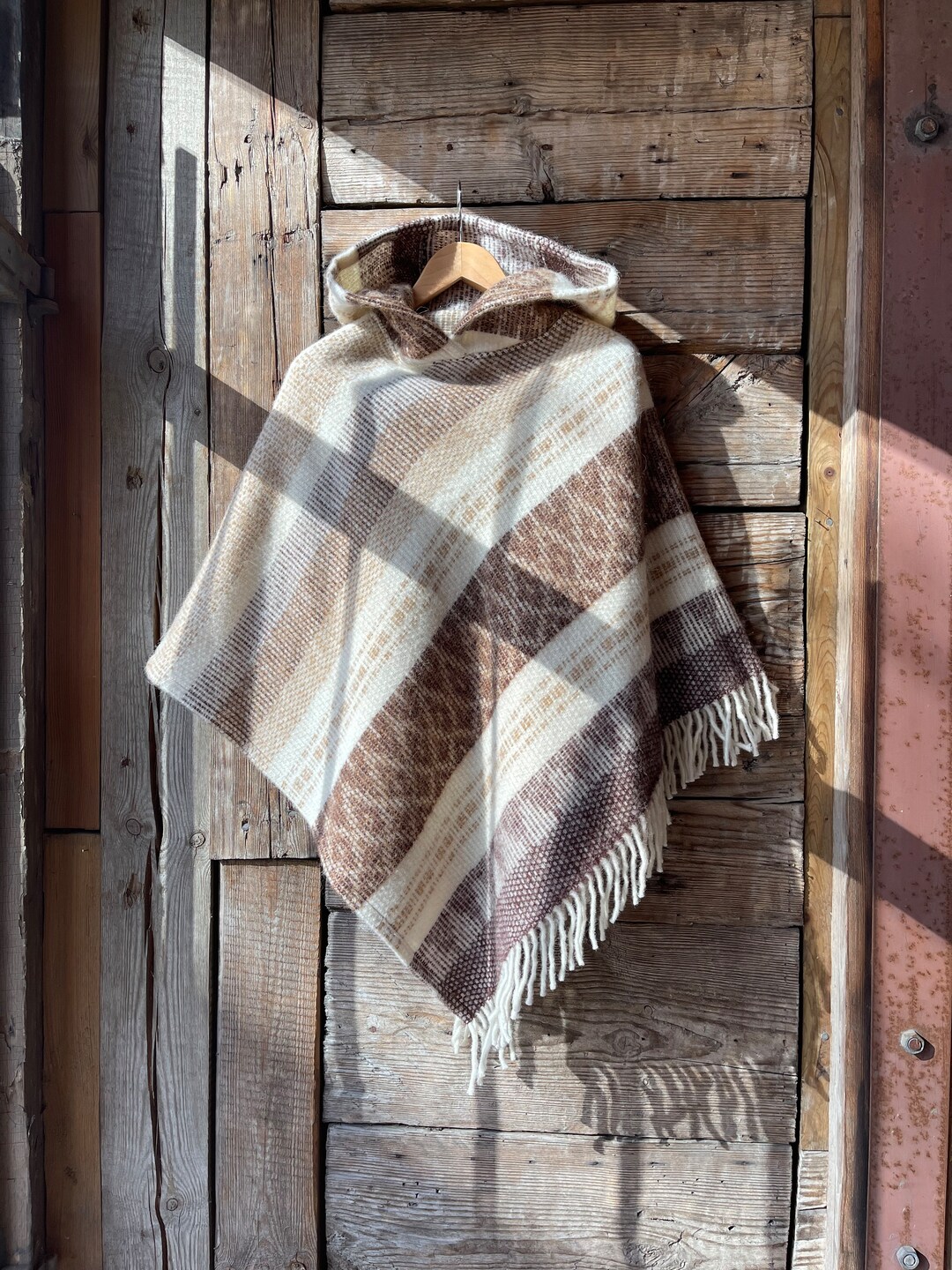 Brown Alpaca Wool Poncho Cape With Fringes Alpaca&lambswool Mix Hooded ...
