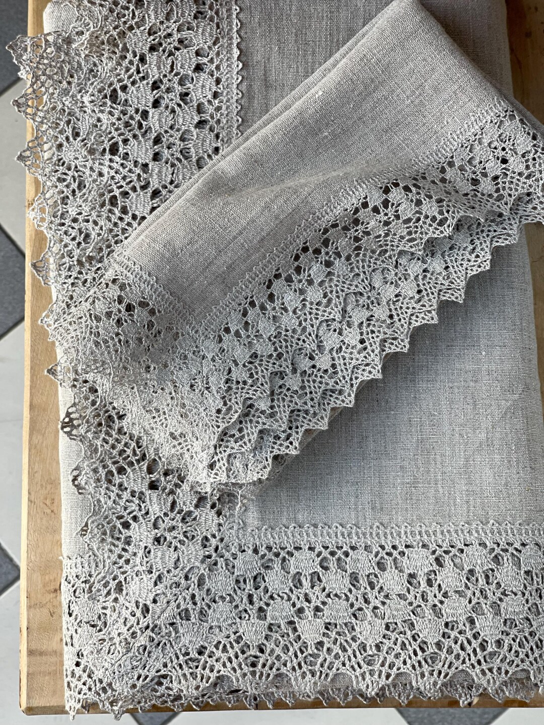 100 % LINEN NAPKINS Natural Grey FLORAL Linen Lace Napkins Rustic Linen ...