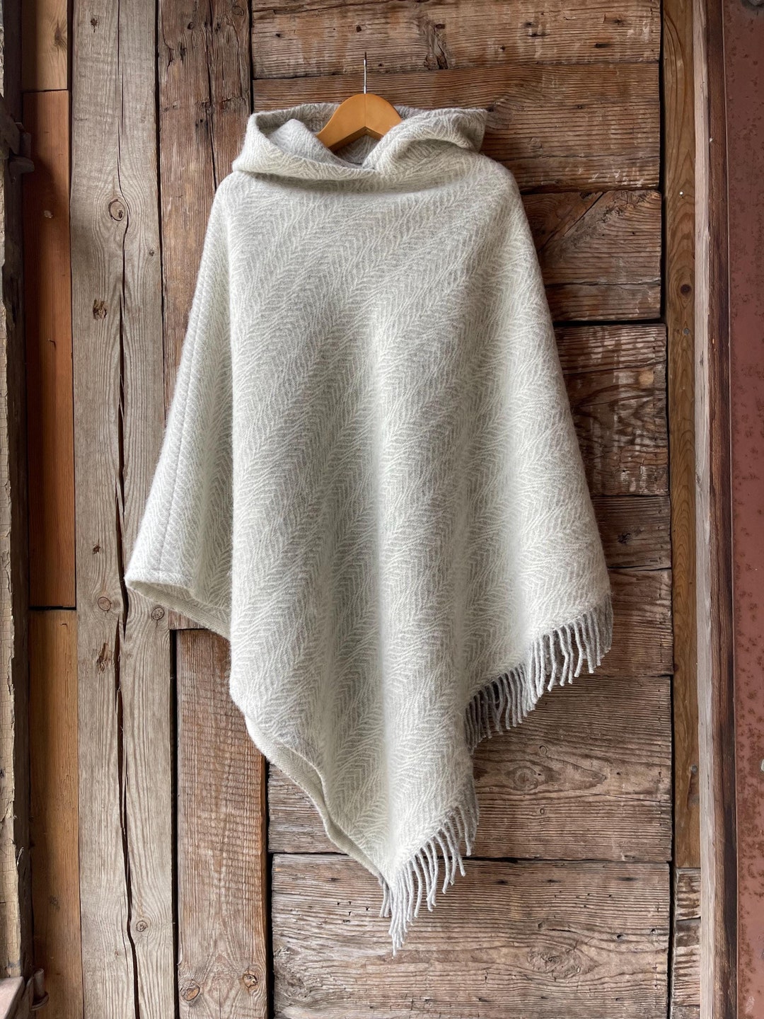 Light Grey Lambswool Poncho Cape With Hood and Fringes Light Grey Wool ...