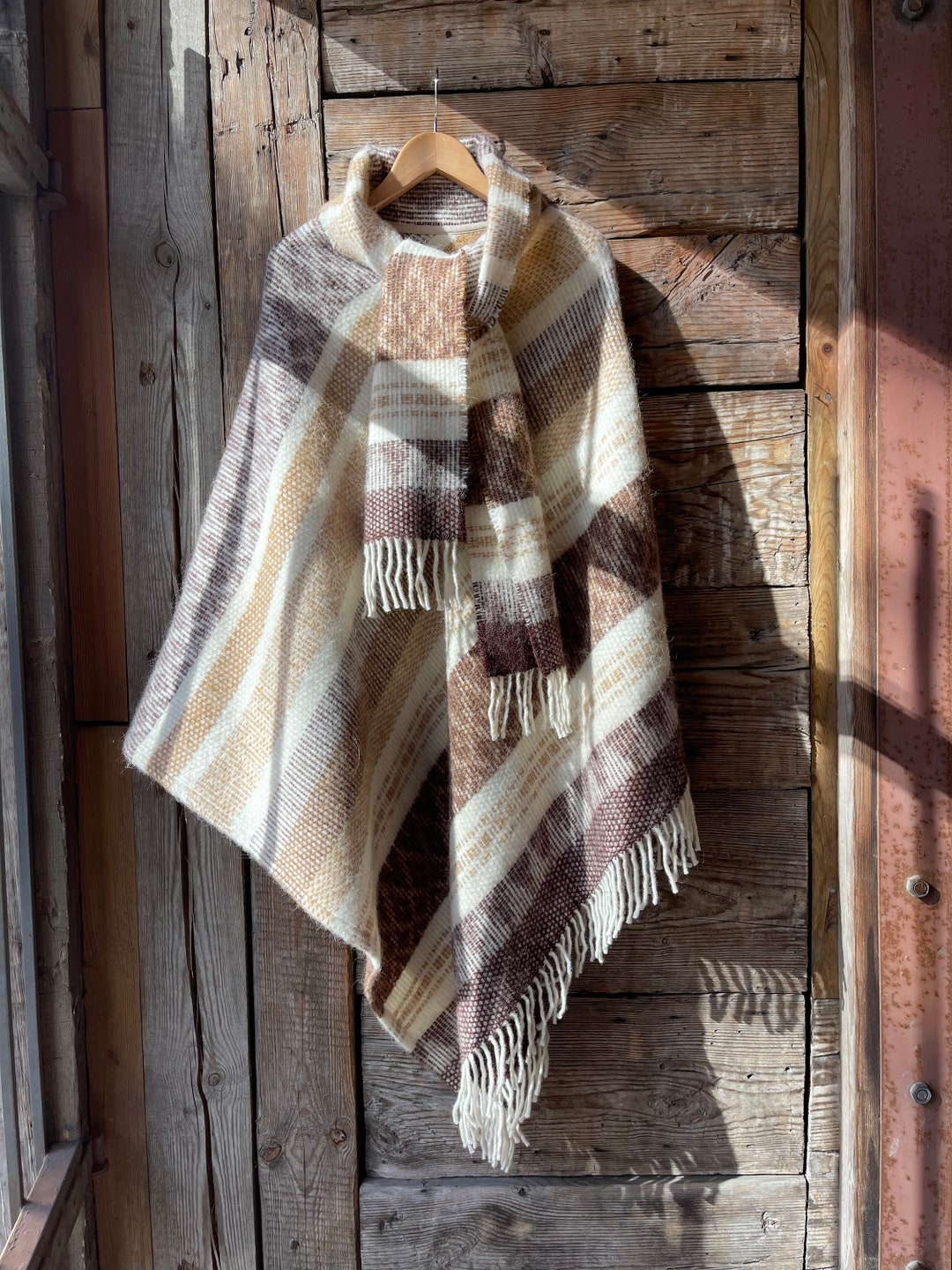 Long Brown Wool Poncho Beige Lambswool/alpaca Mix Poncho Cape With ...