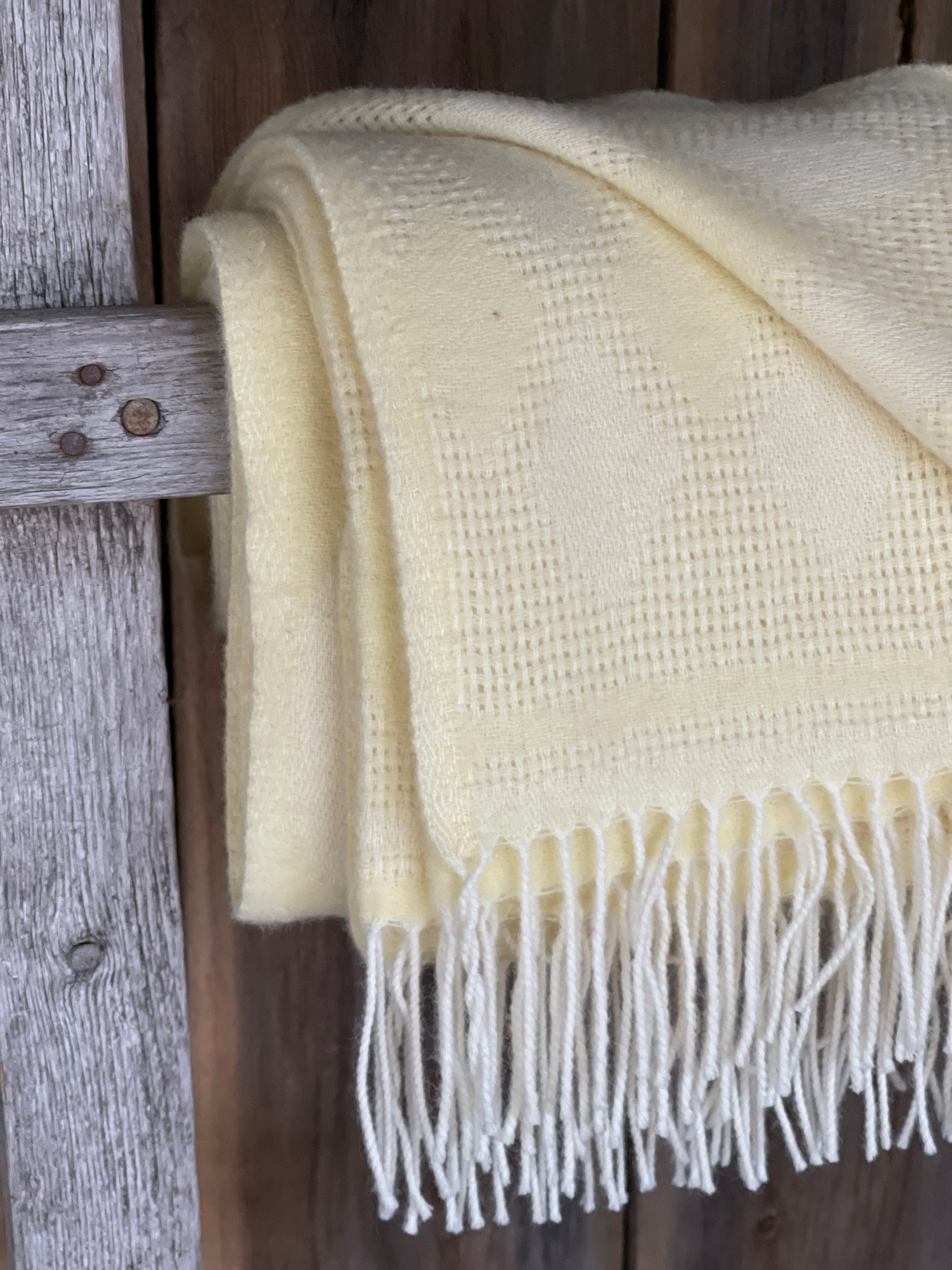 Light Yellow Wool Throw Blanket White Fringes Pure Lambswool Cream ...
