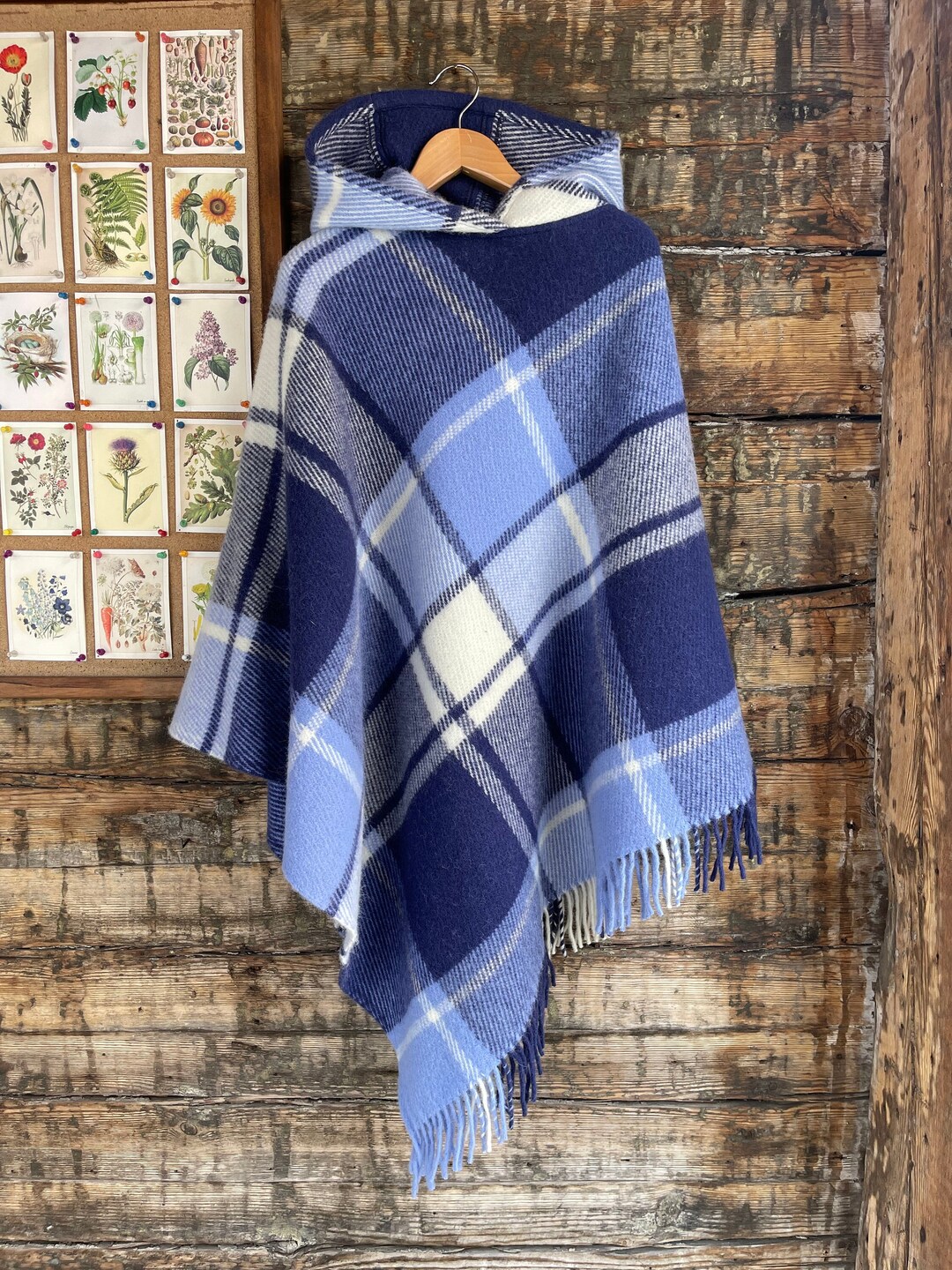 Blue Wool Blanket Poncho Cape in Check Blue/white Hooded Poncho Cape ...