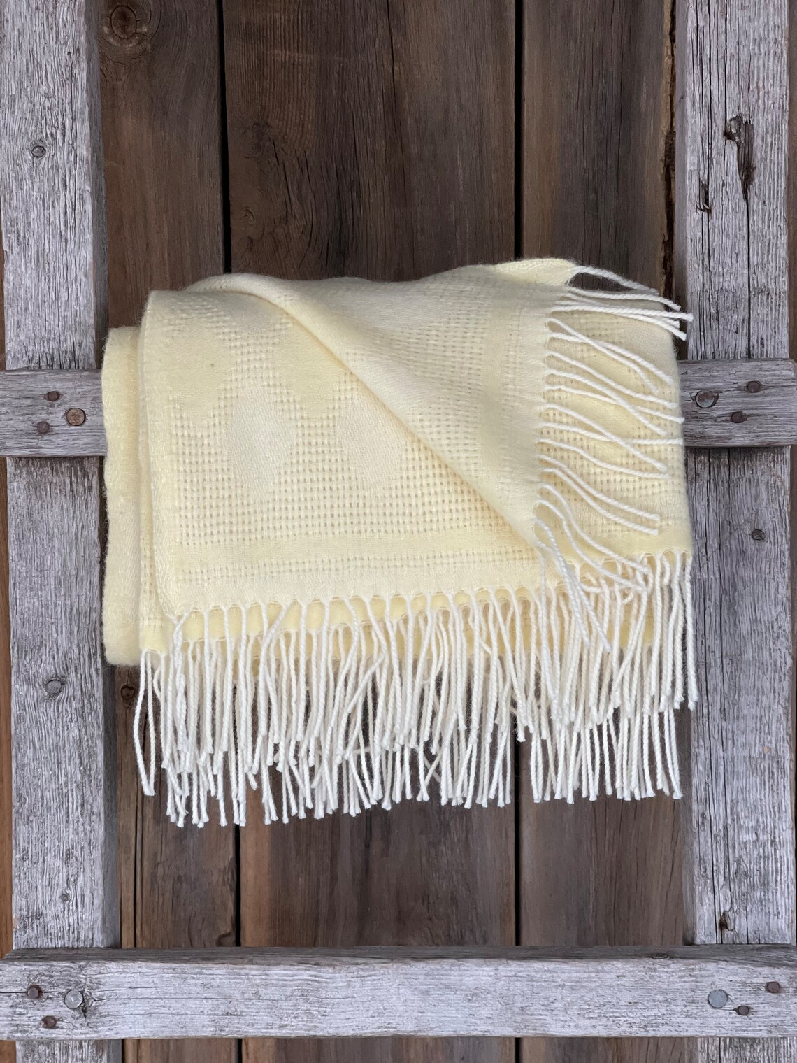 Light Yellow Wool Throw Blanket White Fringes Pure Lambswool Cream ...