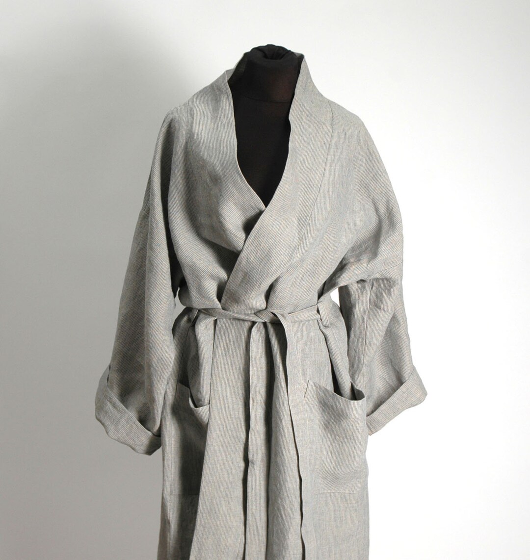 Linen Bathrobe, Kimono Robe, Grey Striped Linen Bathrobe, Stonewashed ...