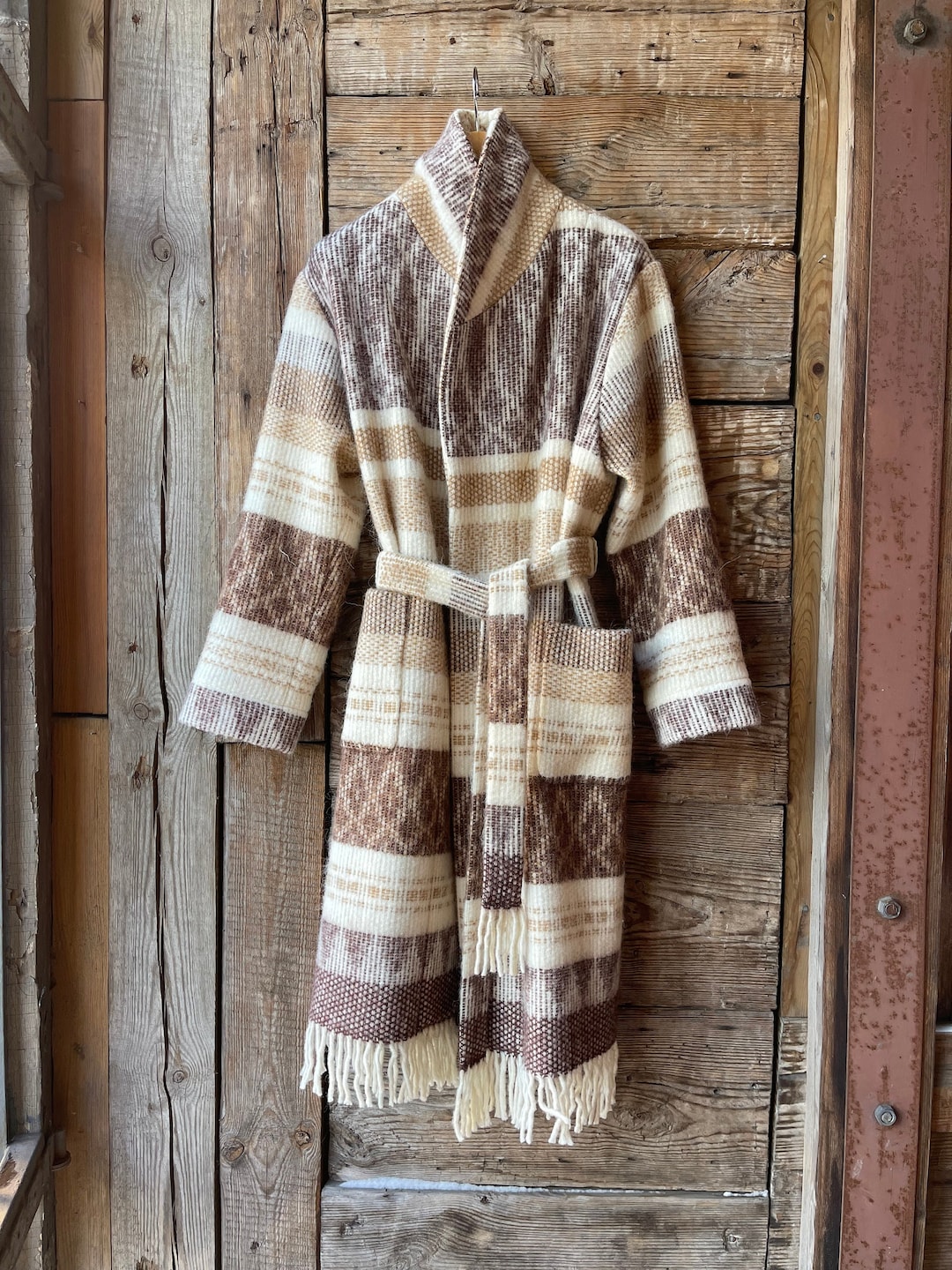 Brown Pure Wool Robe Coat With Fringes and Tie Belt Pure Wool Alpaca ...