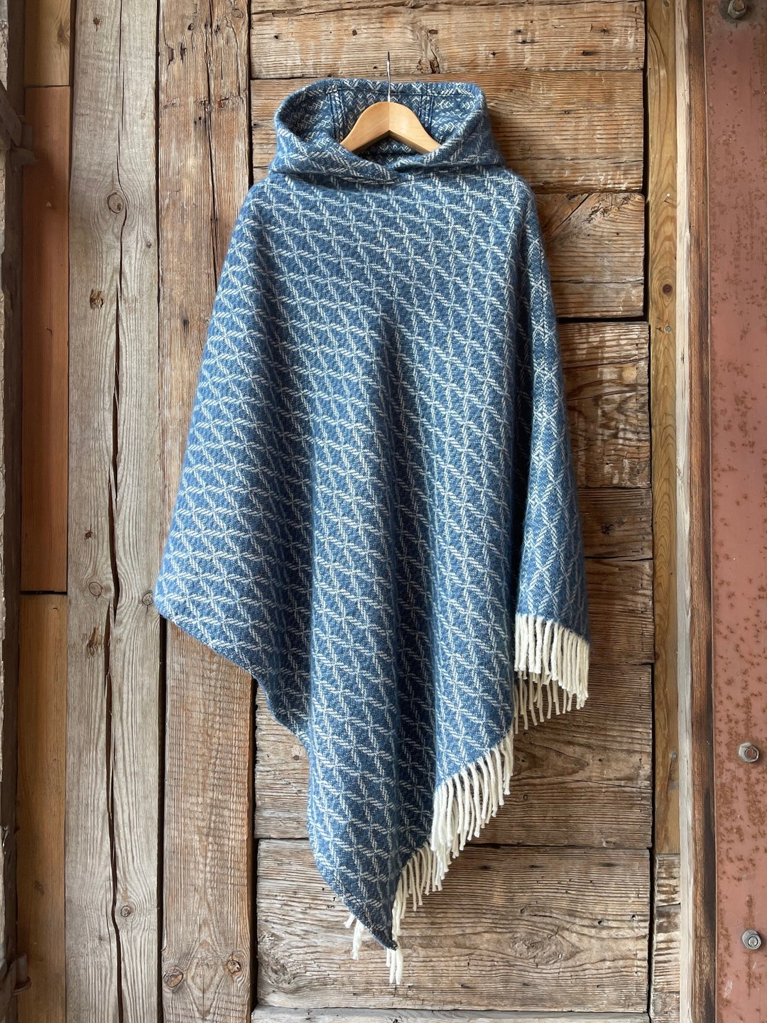 Navy Blue Wool Blanket Poncho Cape Blue/white Hooded Poncho Cape Long ...