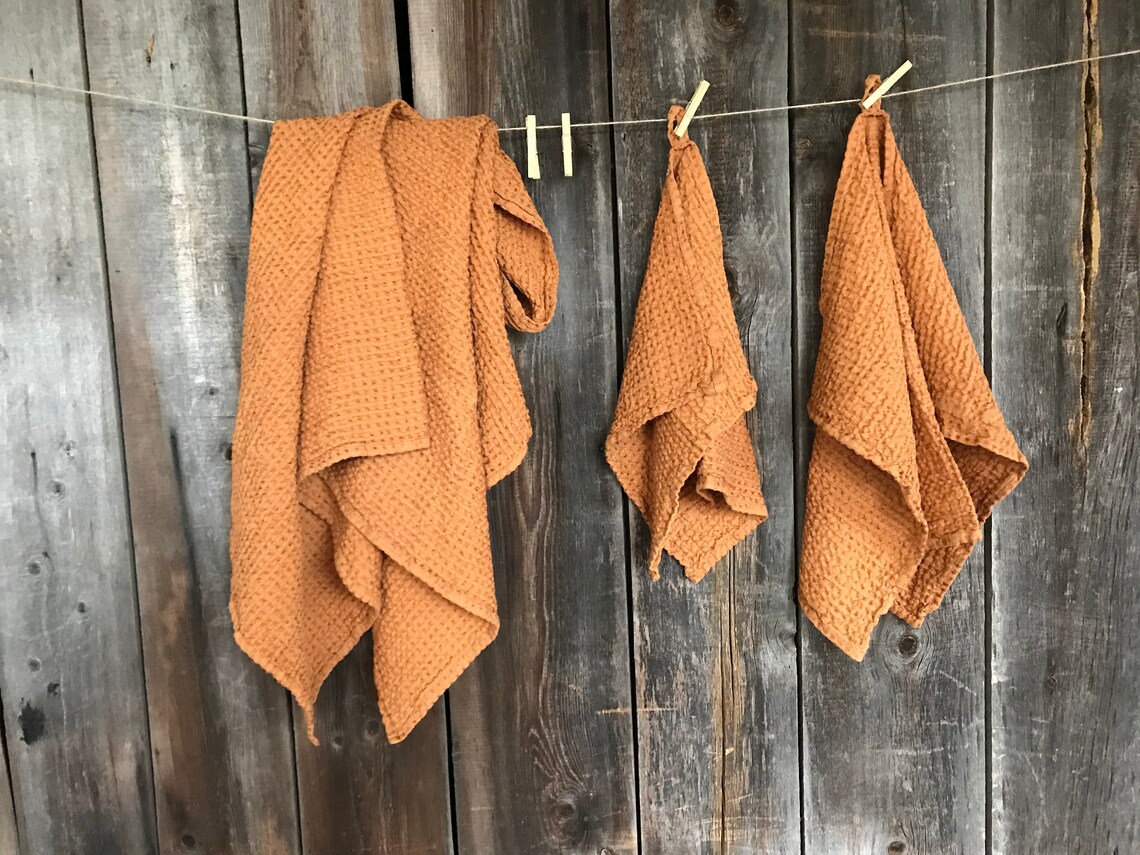 XXL Size Ochre Orange Linen Waffle Bath Towel Old Gold Orange | Etsy