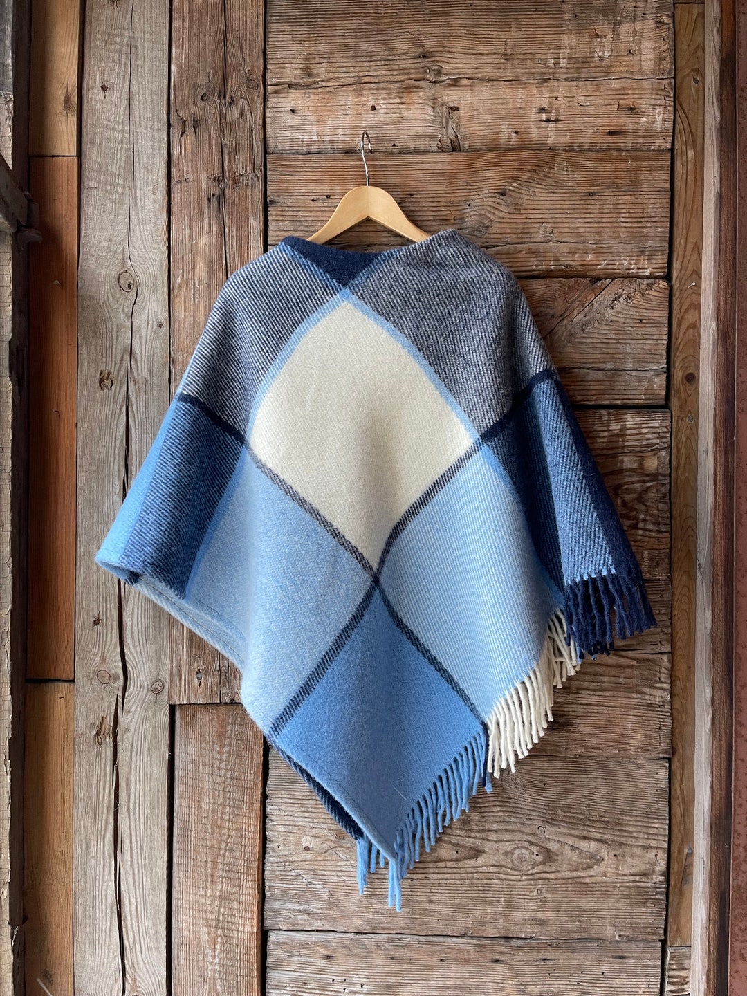 Blue Lambswool Poncho Cape in Check Blue/white Hooded Poncho Long Wool ...