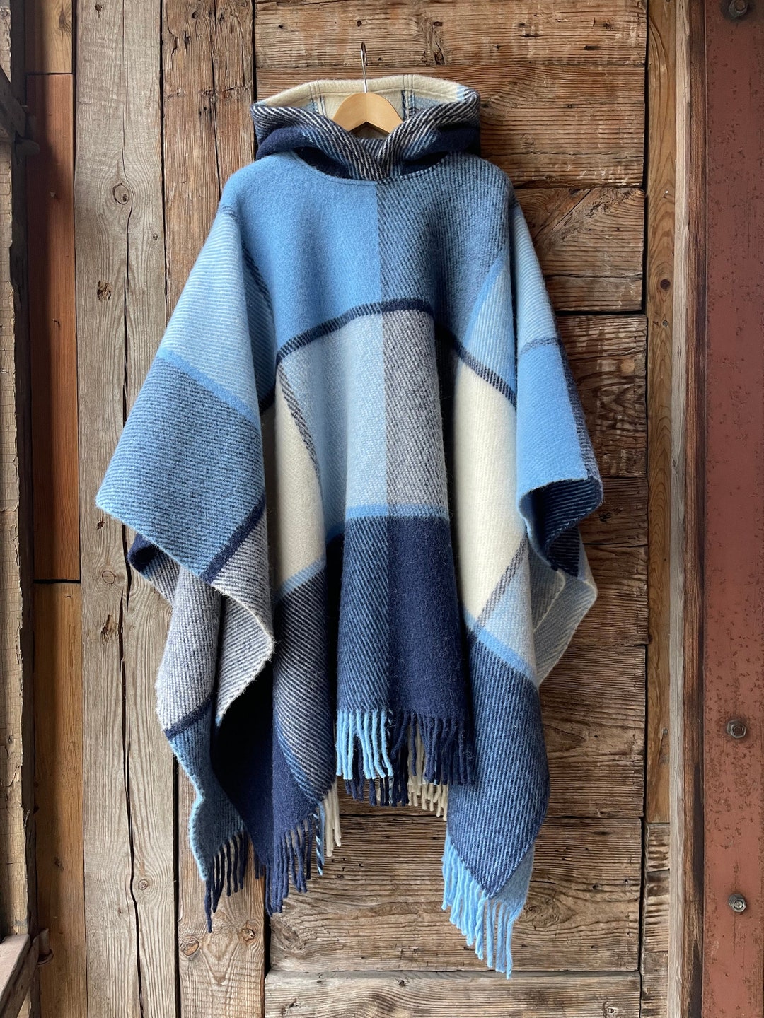 Blue Lambswool Poncho Cape Hooded Large Check Blue/white Hooded Blanket ...