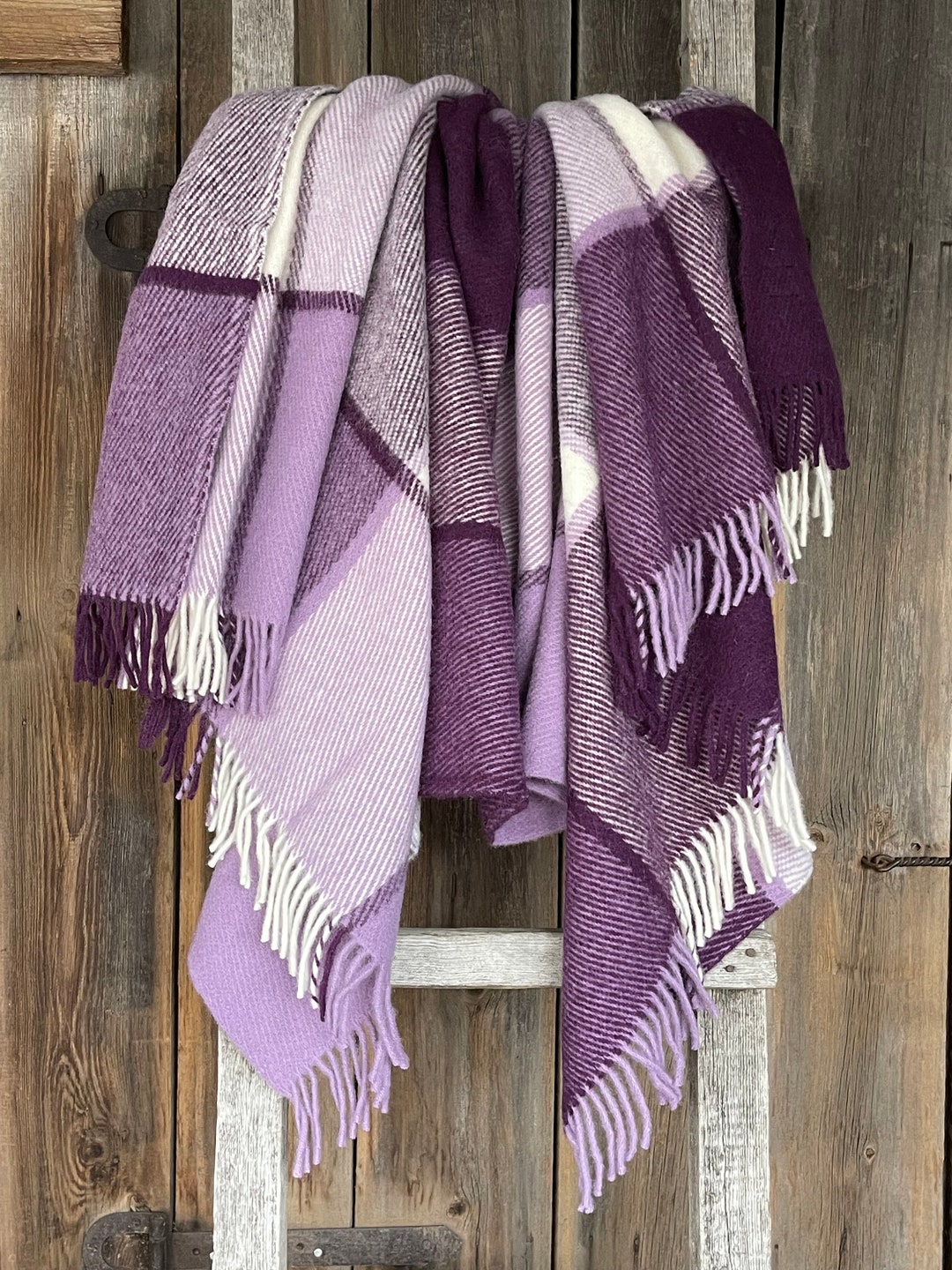 Lilac/lavender/wite Large Check Wool Throw Blanket With Fringes Purple ...