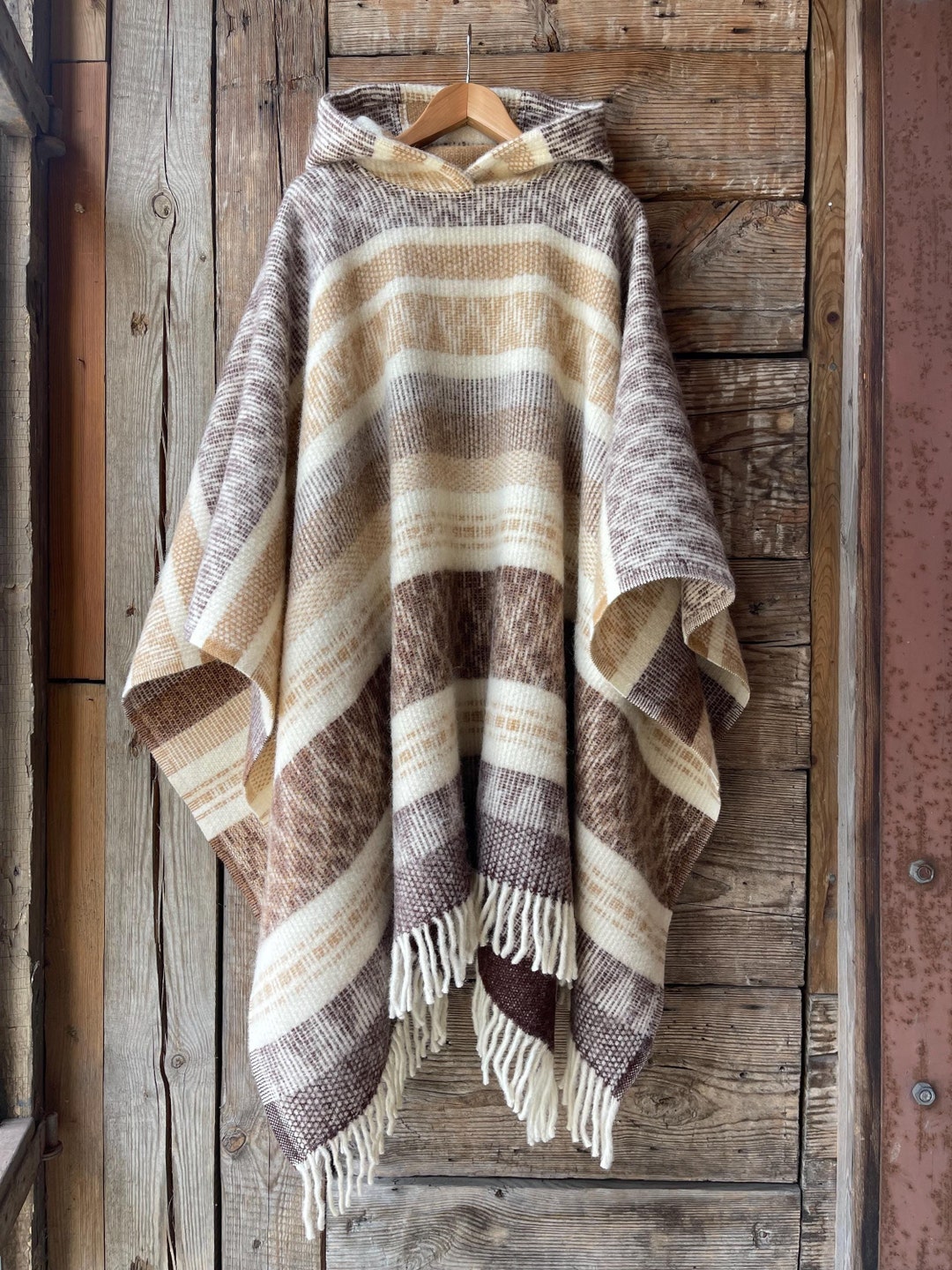Pure Wool Poncho Hooded Brown Lambswool/alpaca Mix Wool Blanket Poncho ...