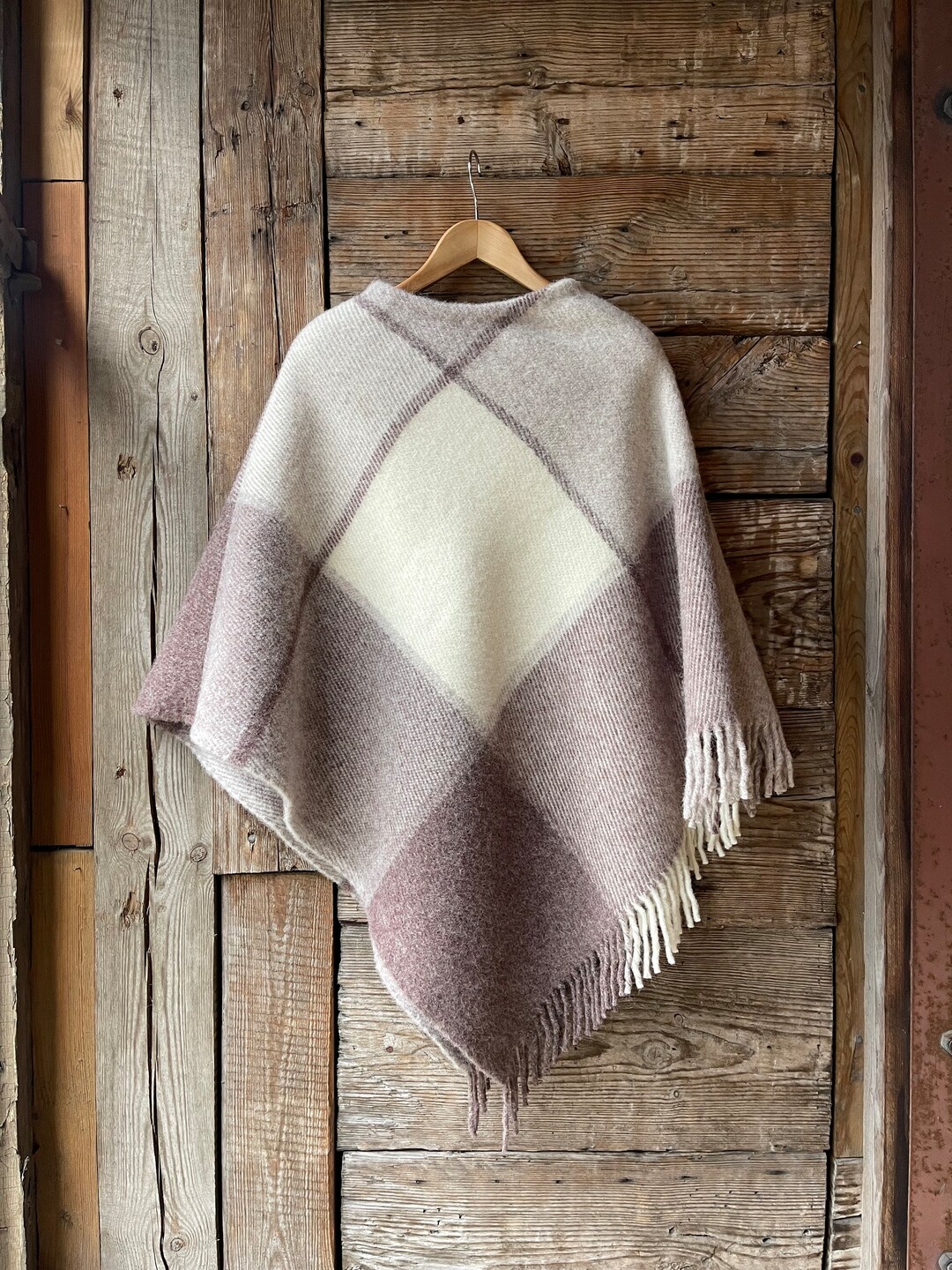 Beige Wool Blanket Poncho Cape With Fringes Beige Poncho Large Check ...