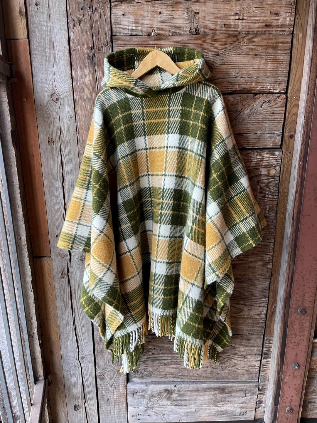 Green Wool Blanket Poncho With Hood Green/mustard Checked Hooded Poncho ...