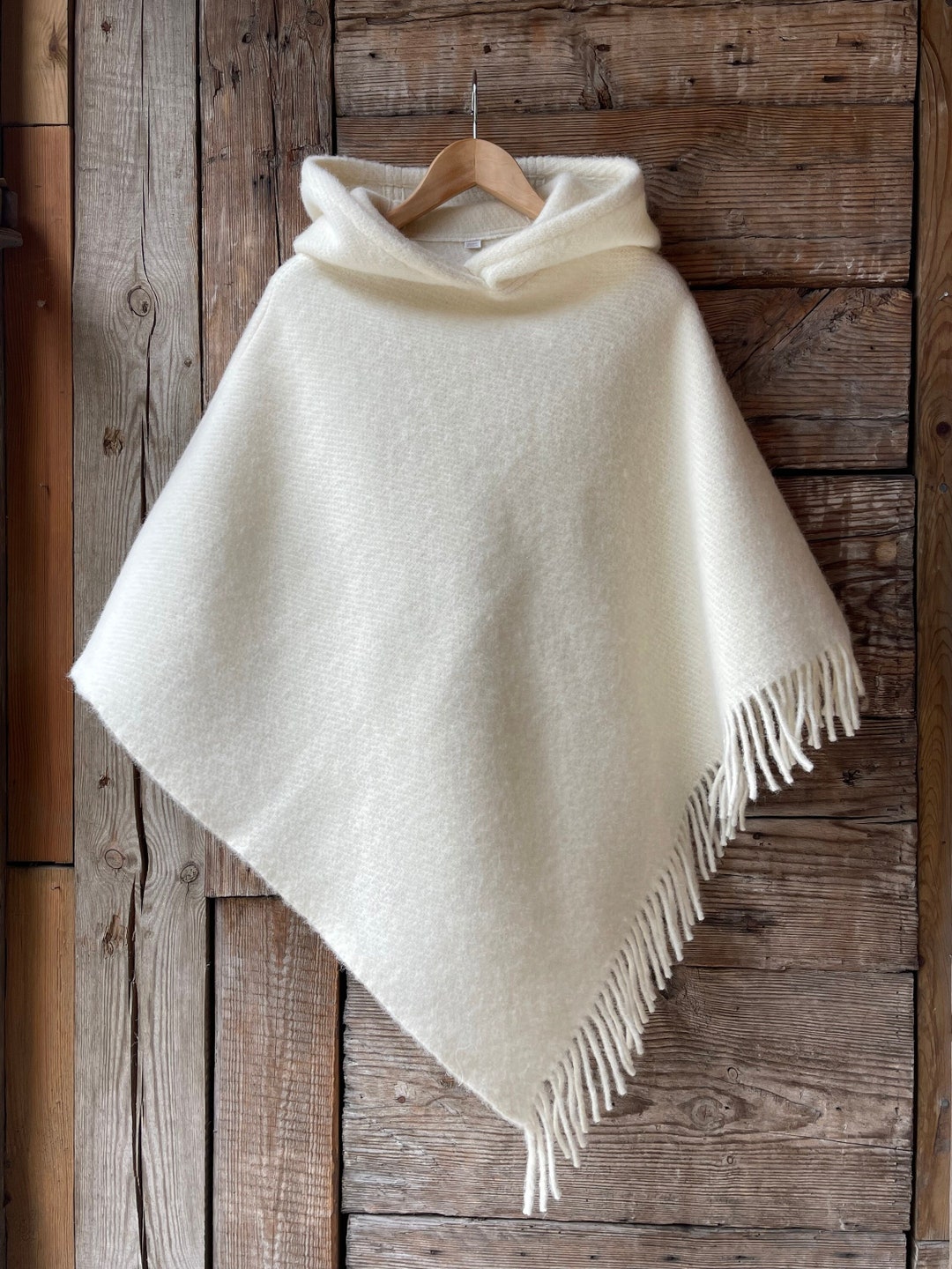 Cream White Hooded Lambswool Poncho Cape With Fringes Ladies Poncho ...
