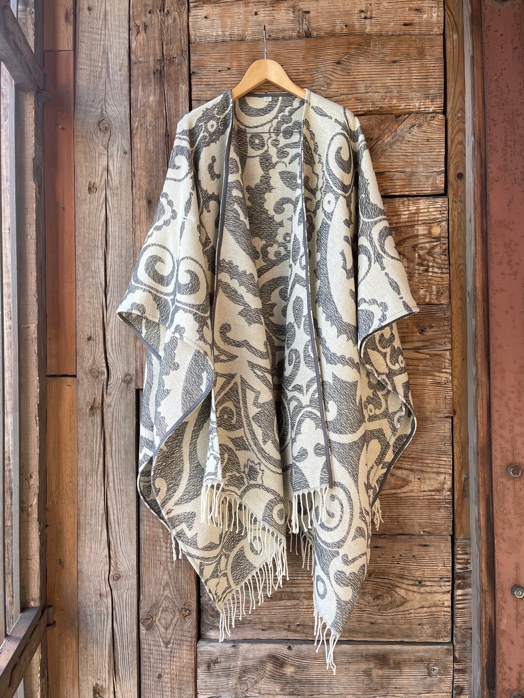 Grey Wool Poncho Cape Blanket Open Front Poncho Light Grey&white ...