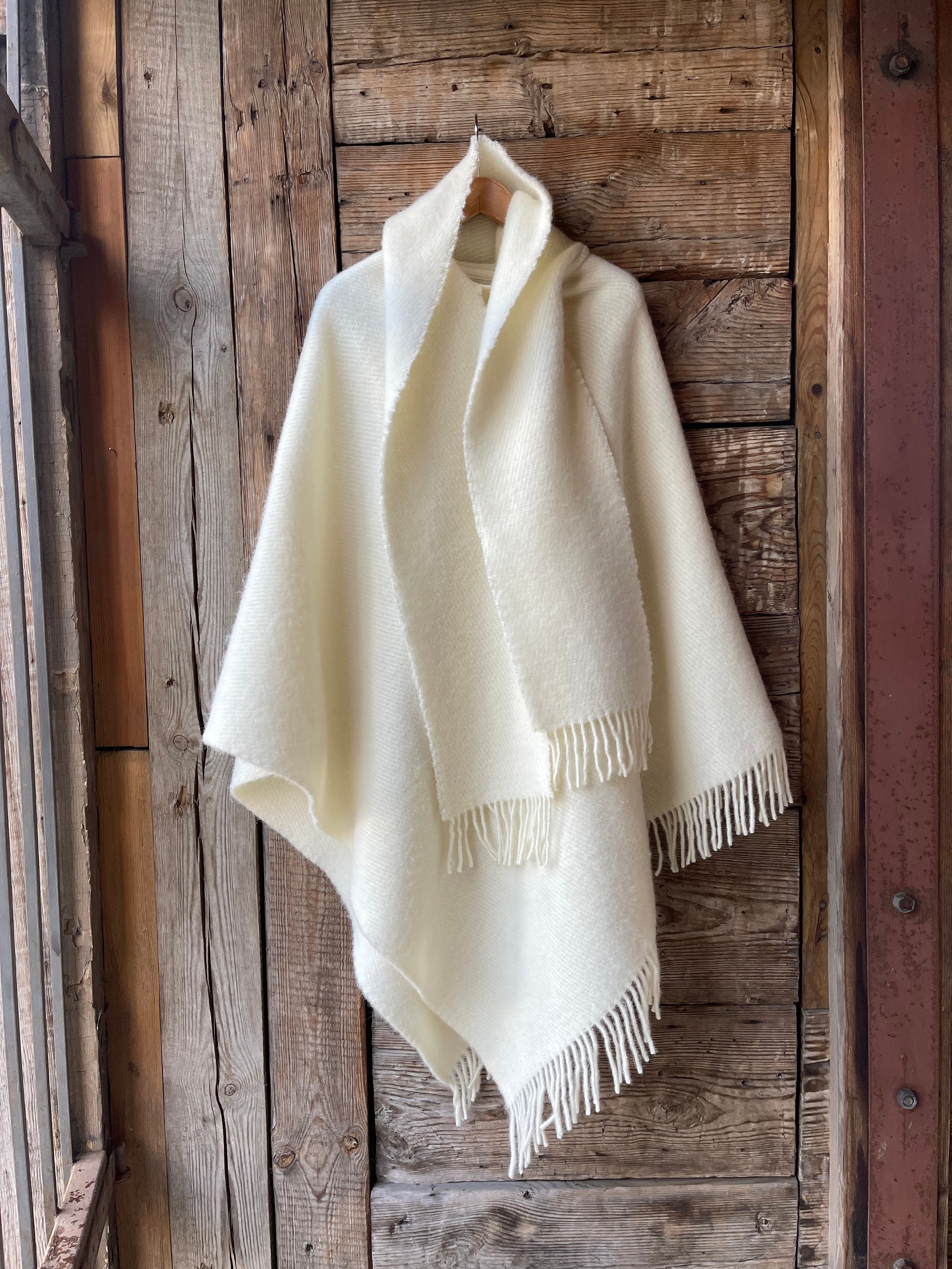 Cream White Long Lambswool Poncho Cape With Fringes and Cream White Long Lambswool Poncho Cape With Fringes and