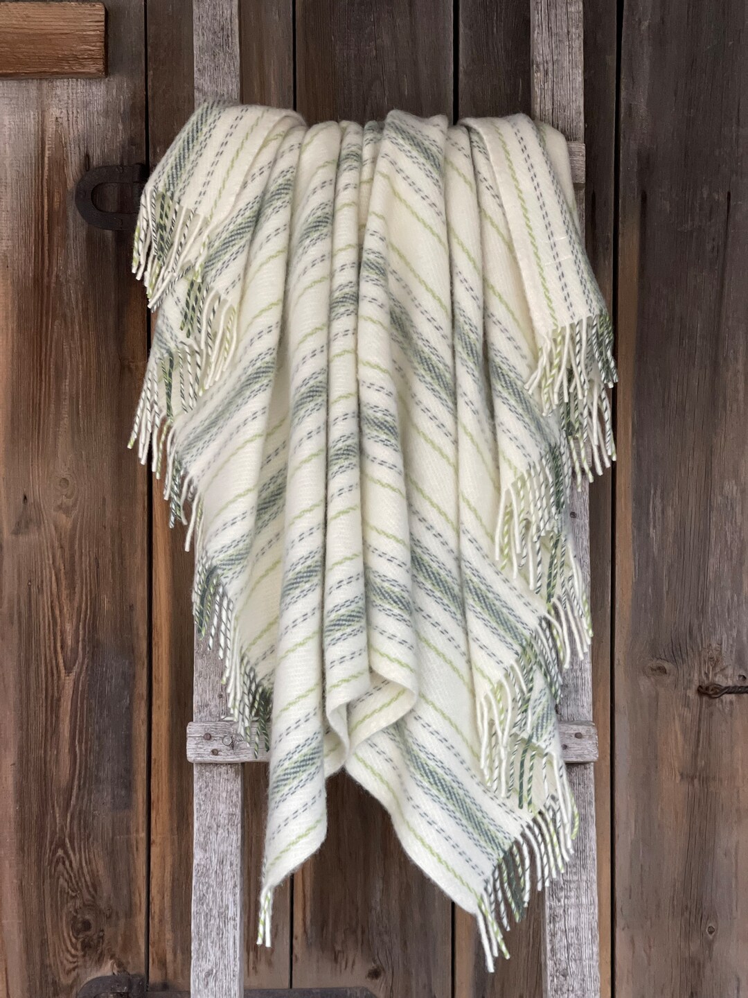 Green Wool Throw Blanket With Fringes White Green Striped Wool Sofa ...