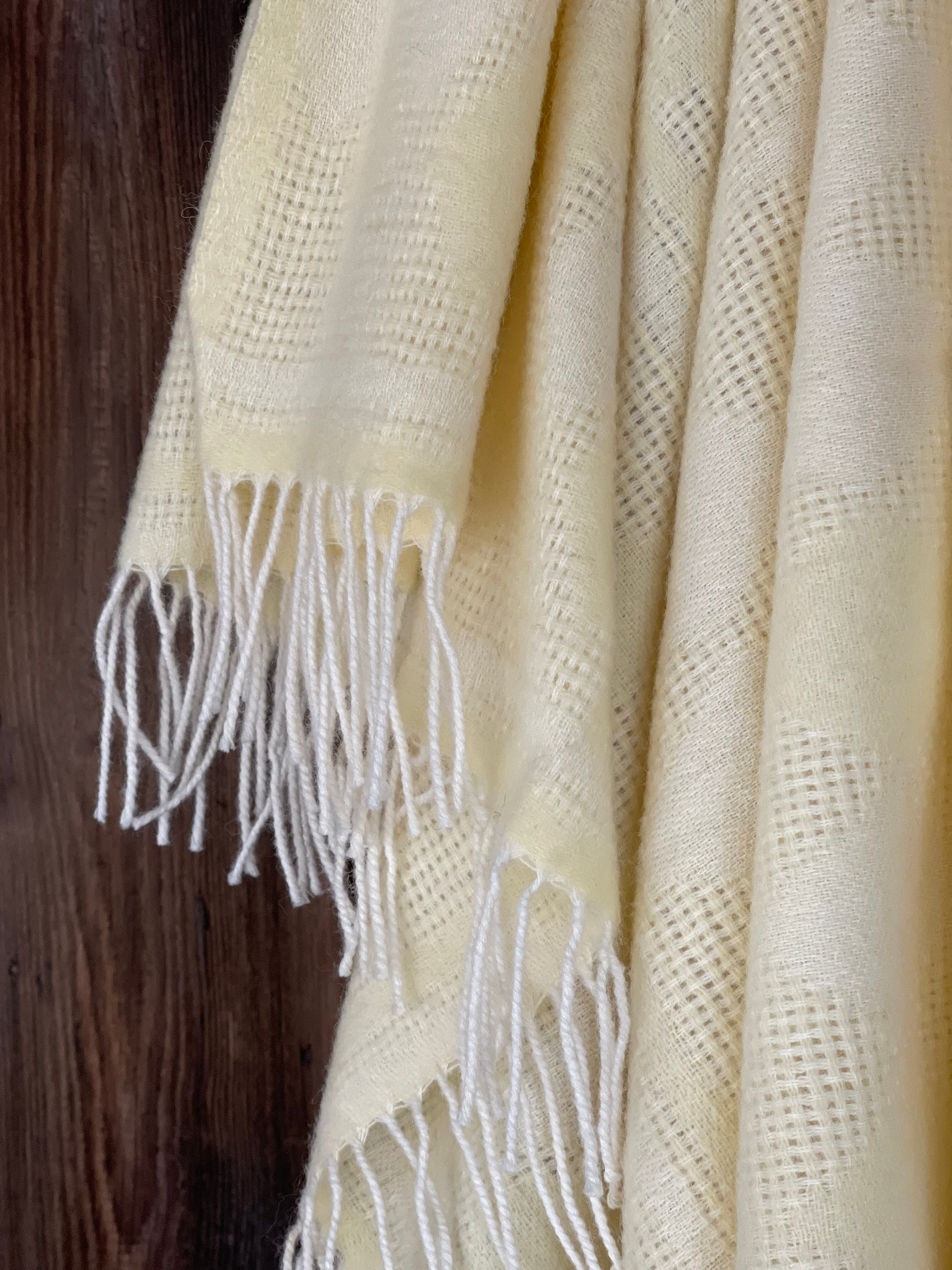 Light Yellow Wool Throw Blanket White Fringes Pure Lambswool Cream ...