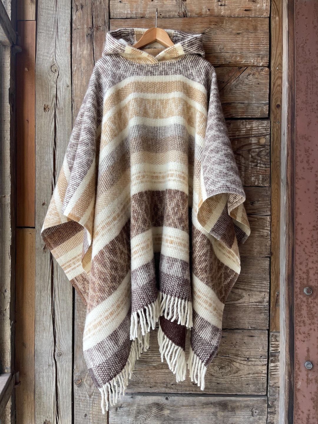 Pure Wool Poncho Hooded Brown Lambswool/alpaca Mix Wool Blanket Poncho ...