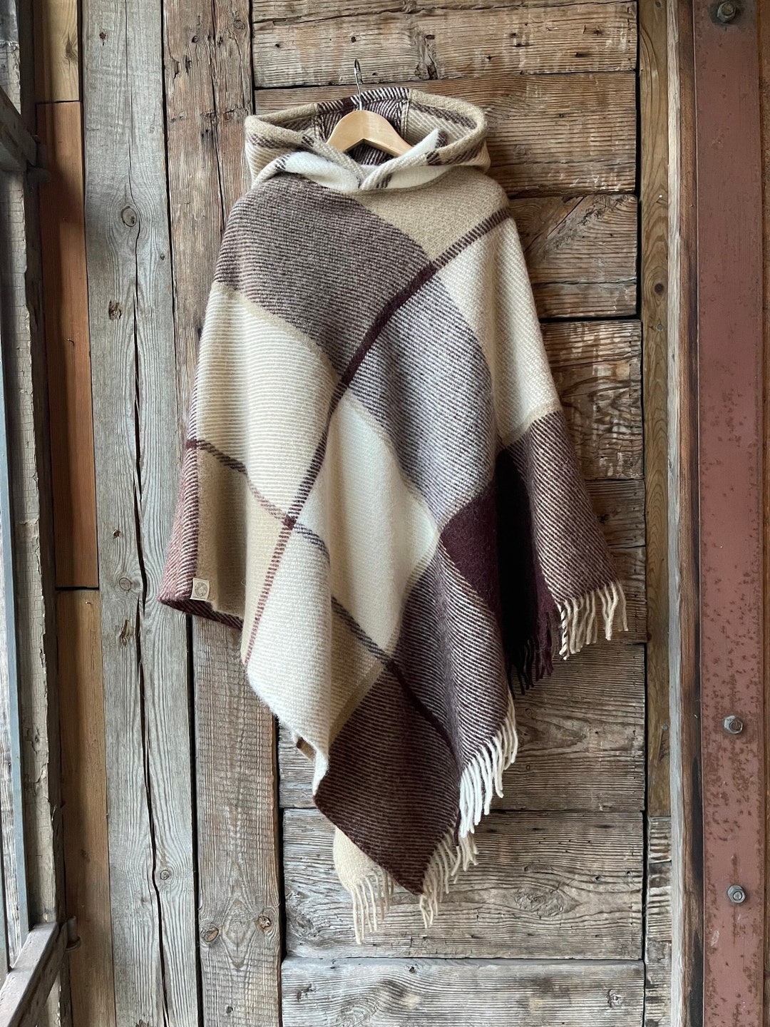 Brown Lambswool Poncho Cape With Hood Large Check Brown/cream White ...