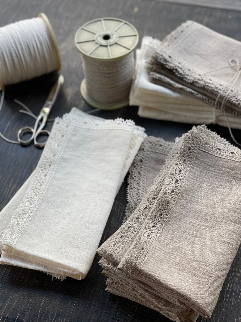 100 % LINEN NAPKIN Off-white With Linen Lace Napkin Rustic Linen Napkin ...