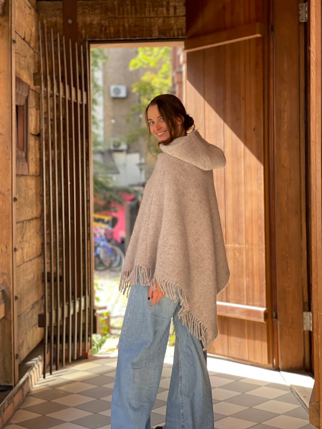 Beige Hooded Lambswool Poncho Cape With Fringes Ladies Poncho Cape Pure ...