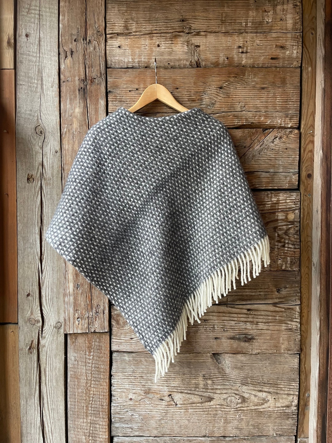 Grey Wool Poncho Cape White Fringes Lambswool Ladies Poncho Cape Pure ...