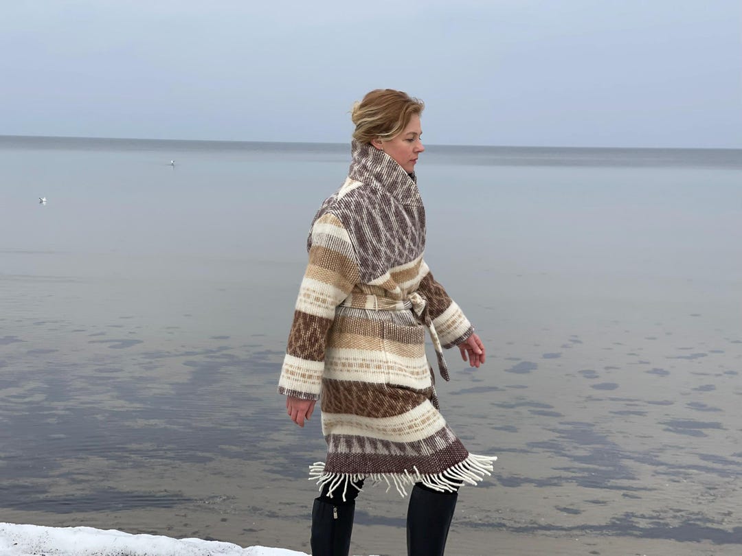 Brown Alpaca Wool Robe Coat With Fringes and Tie Belt Pure Wool Alpaca ...