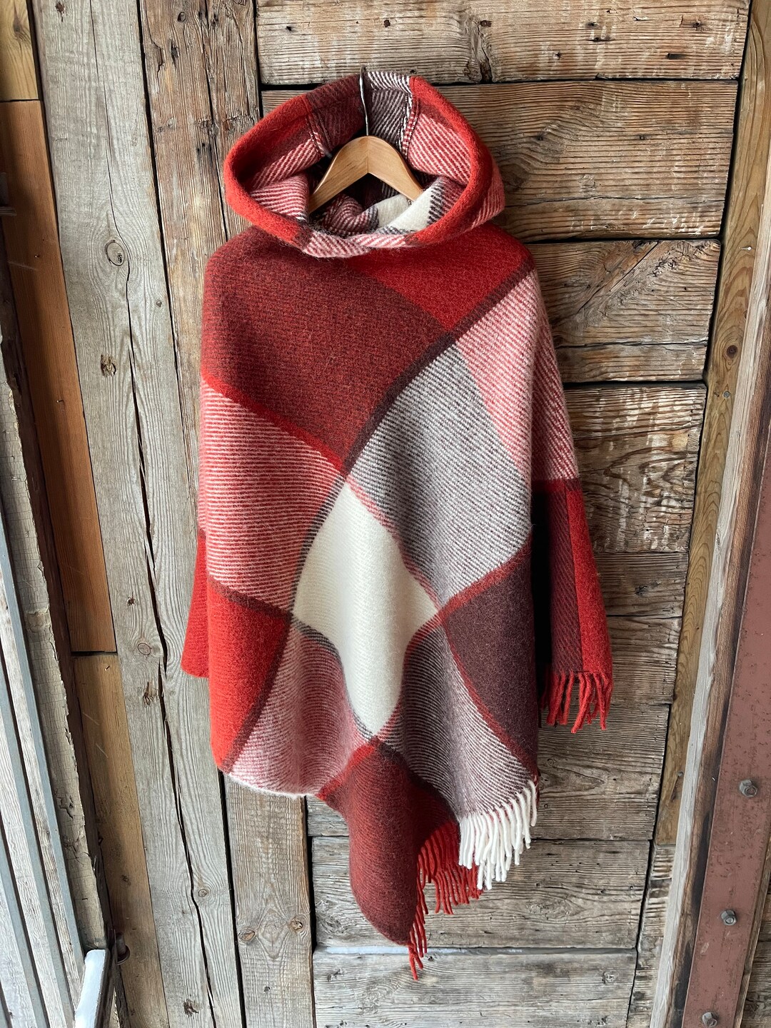 Brown Wool Poncho Cape Hooded Large Check Orange Wool Poncho Cape Long ...