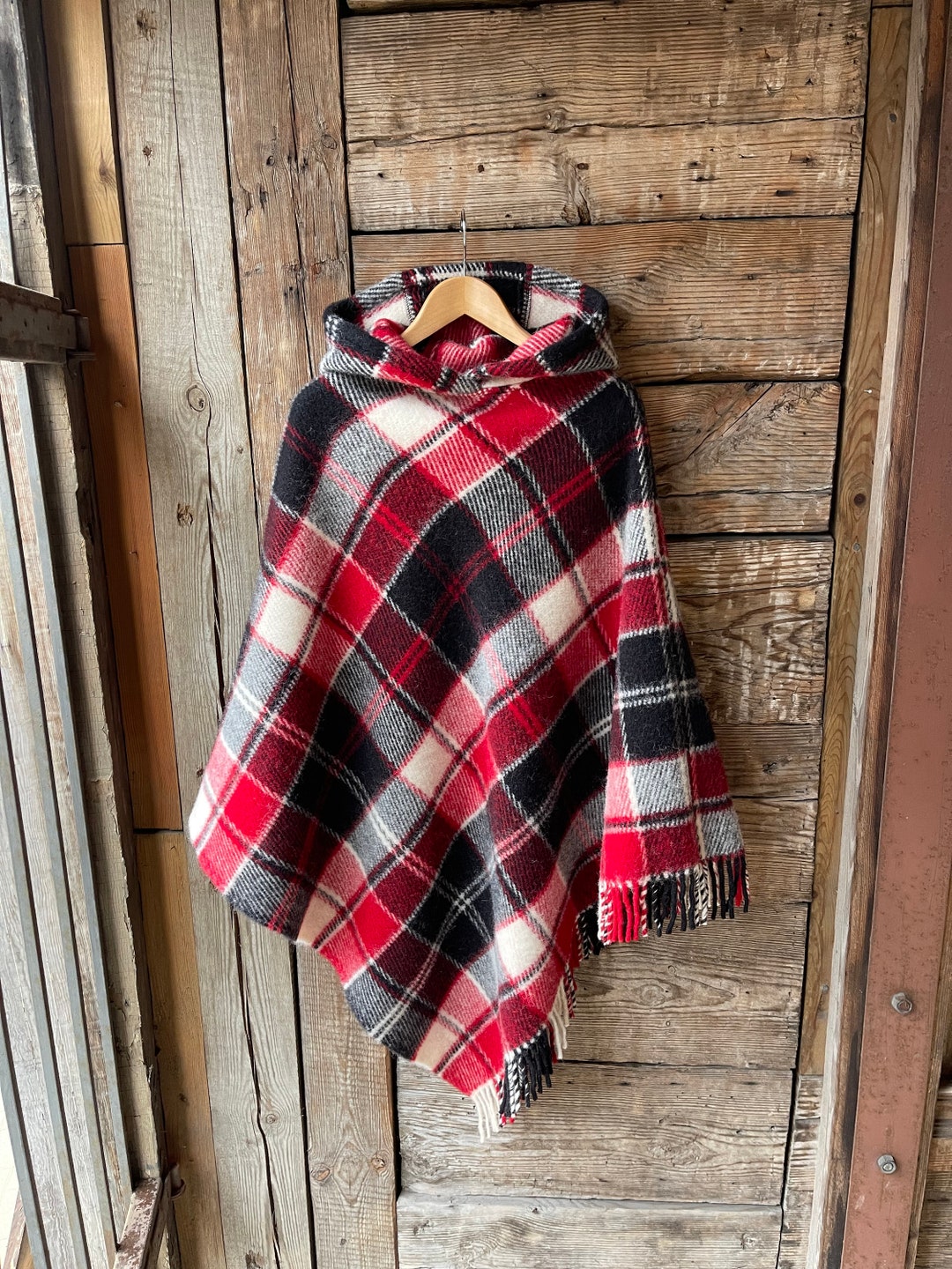 Red Lambswool Poncho Cape Hooded Check Black/red Checked Hooded Blanket ...