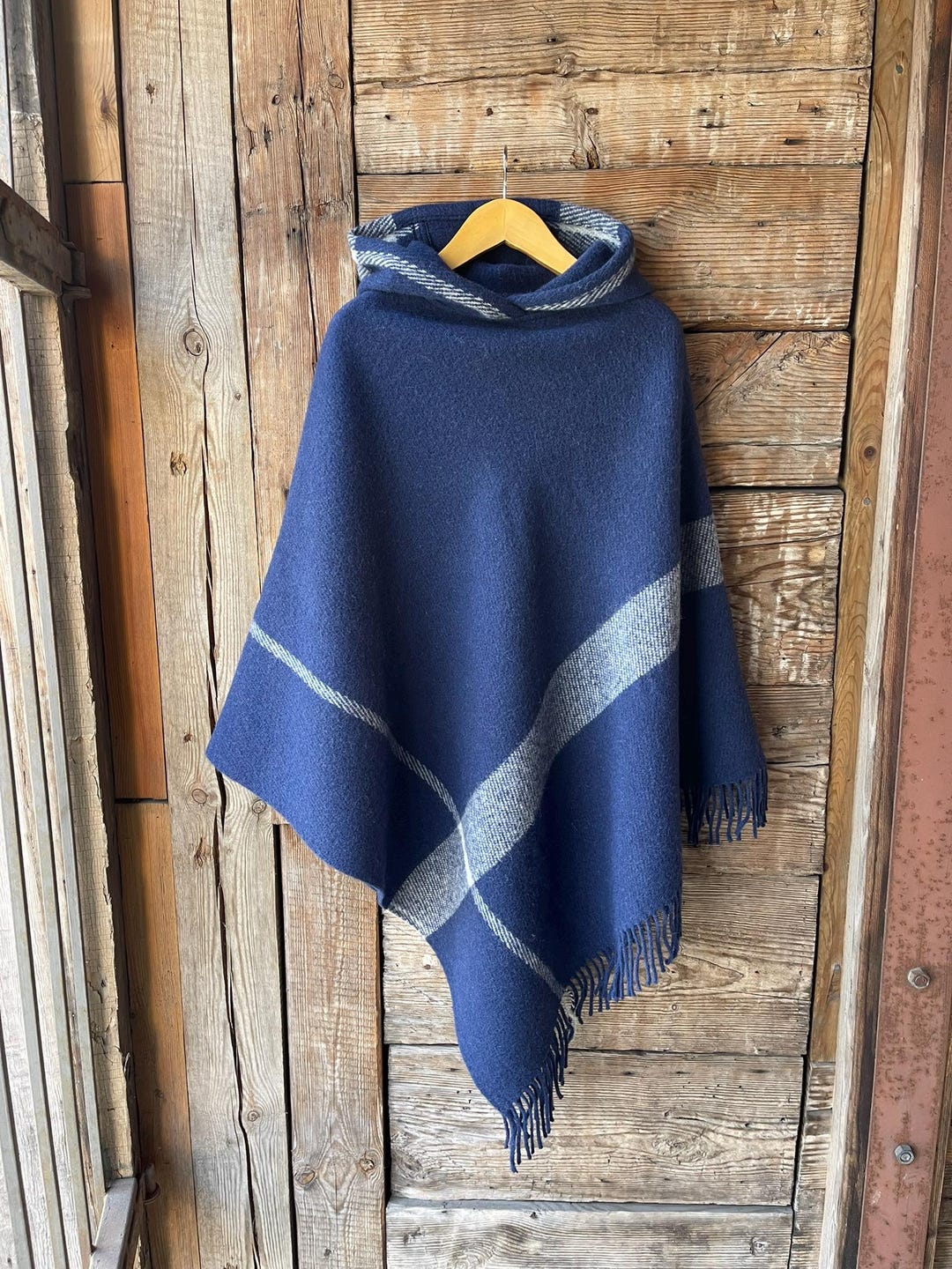 Navy Blue Wool Blanket Poncho Cape Hooded Navy Blue Gray Ladies Poncho ...