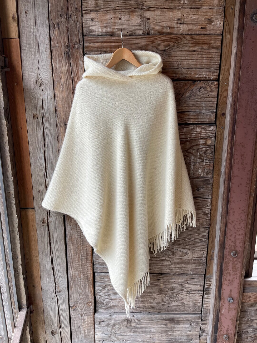 Cream White Wool Blanket Poncho Cape Hooded Cream White Poncho Pure ...
