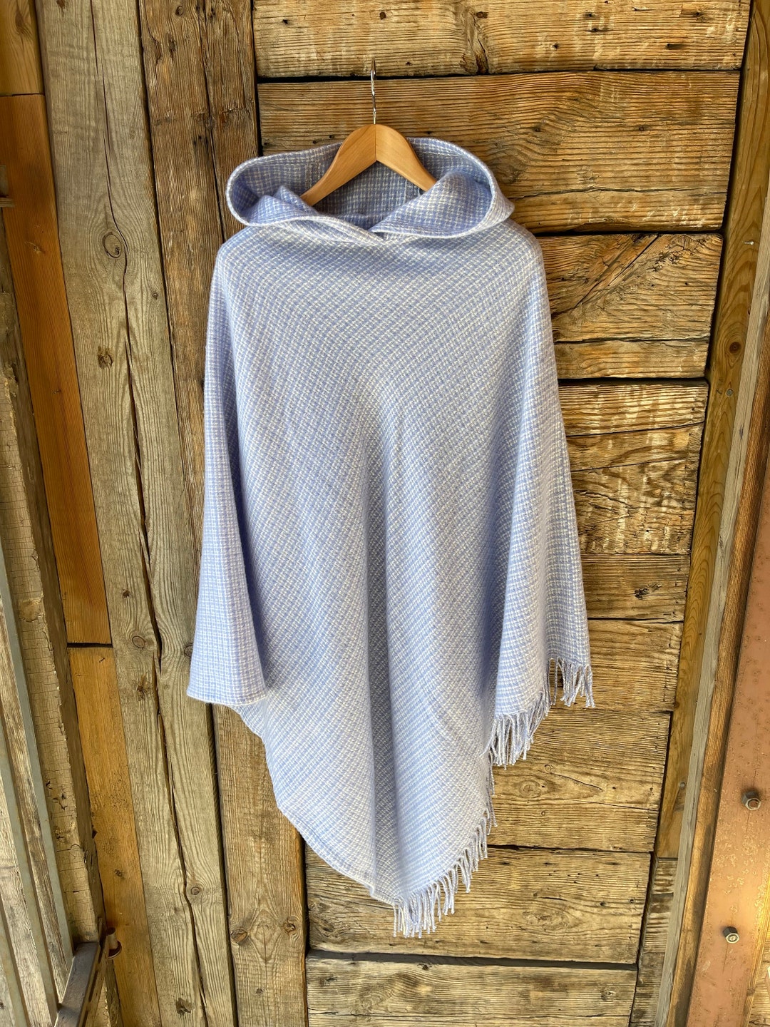 Light Blue Wool Blanket Poncho Cape Blue&white Lambswool/bamboo Mix ...