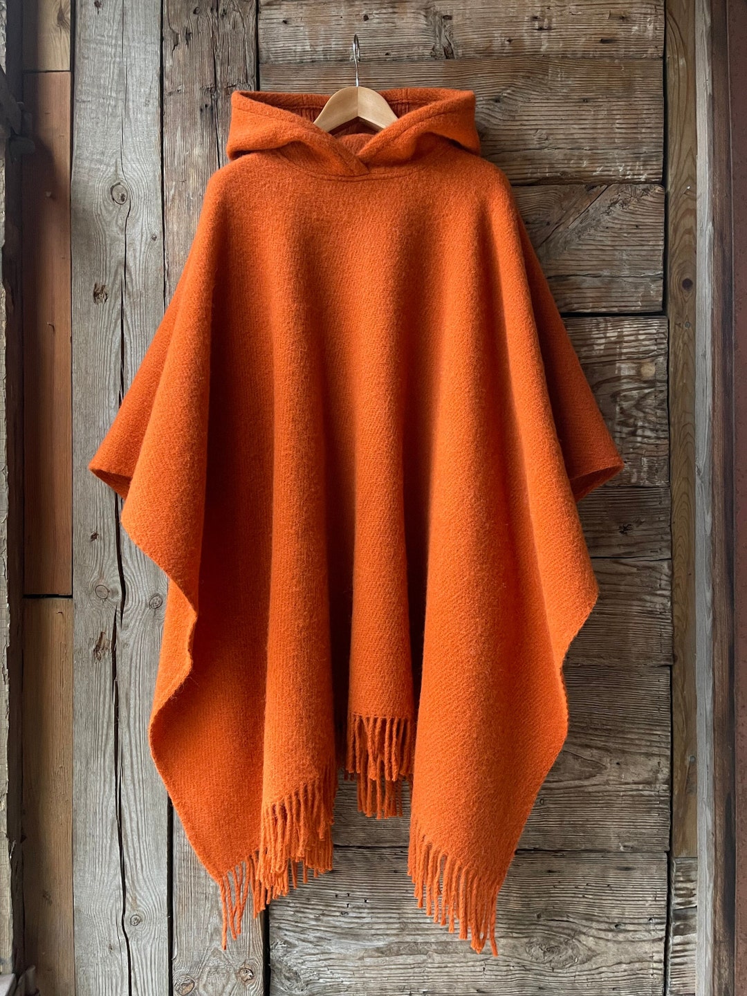 Orange Wool Poncho Cape Hooded With Fringes Orange Poncho Cape Long ...
