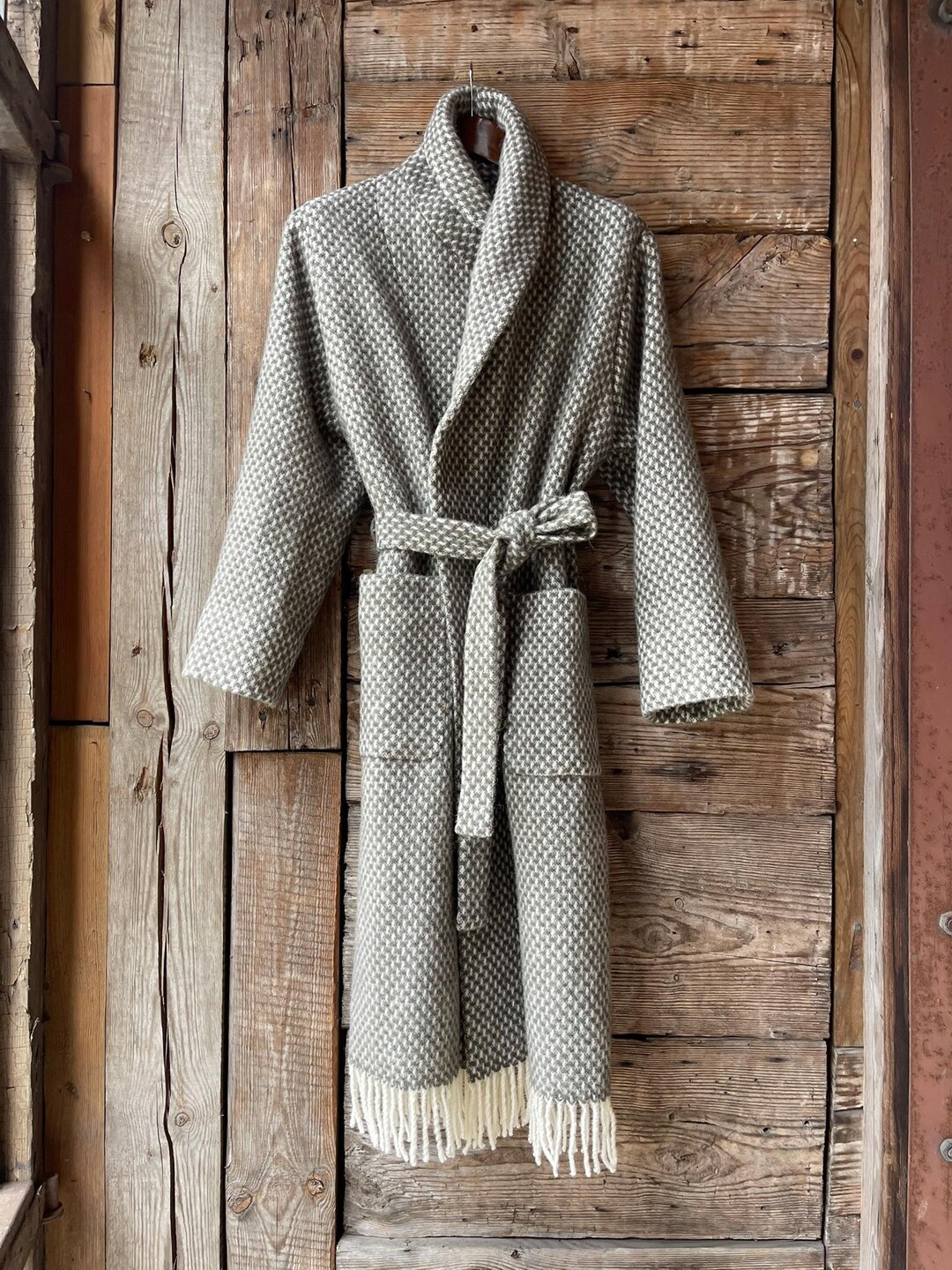 Gray Mint Lambswool Robe Coat With Tie Belt and Pockets Pure Wool ...