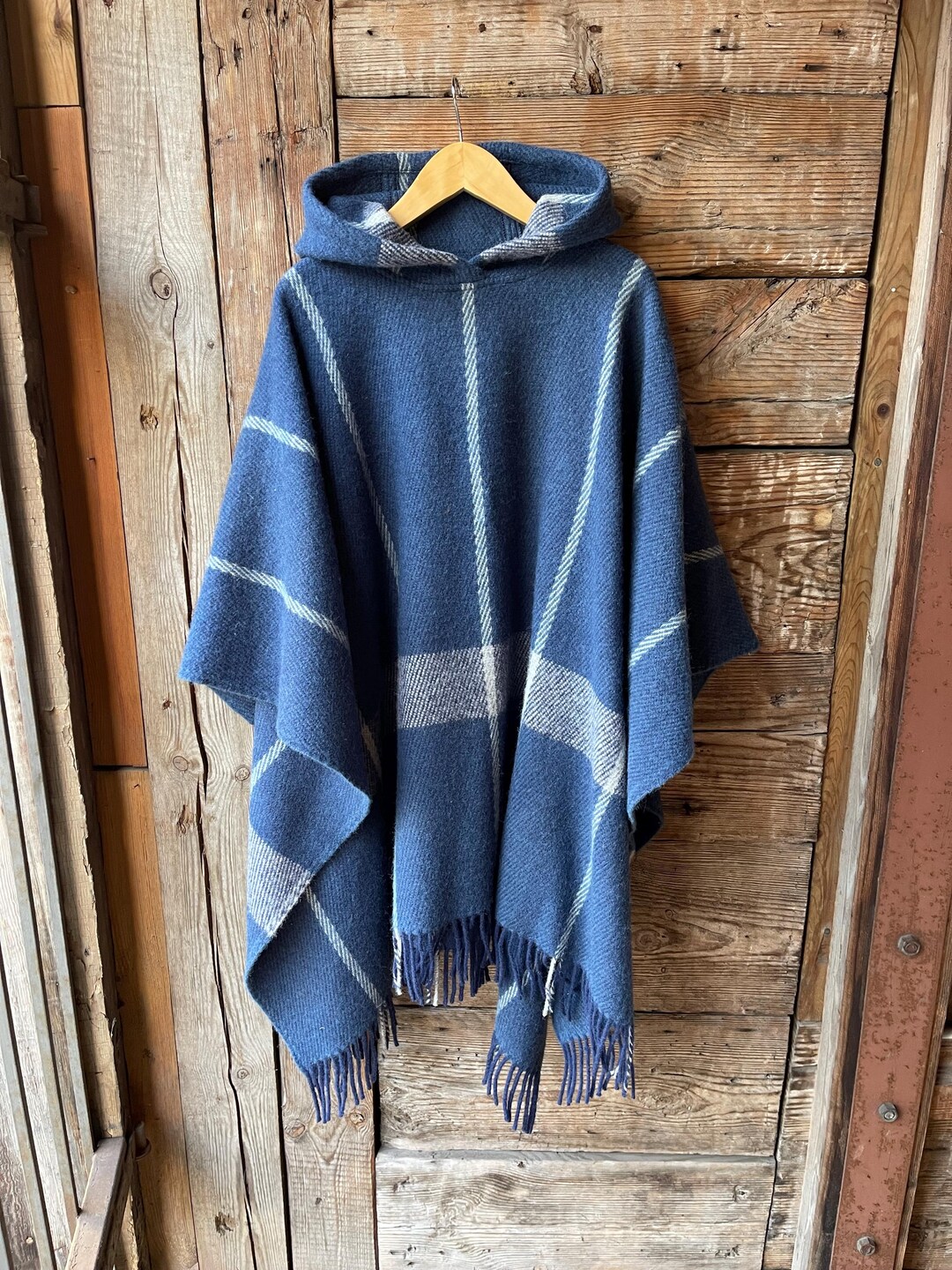Blue Wool Blanket Poncho With Hood Navy Blue Hooded Poncho With Fringes ...