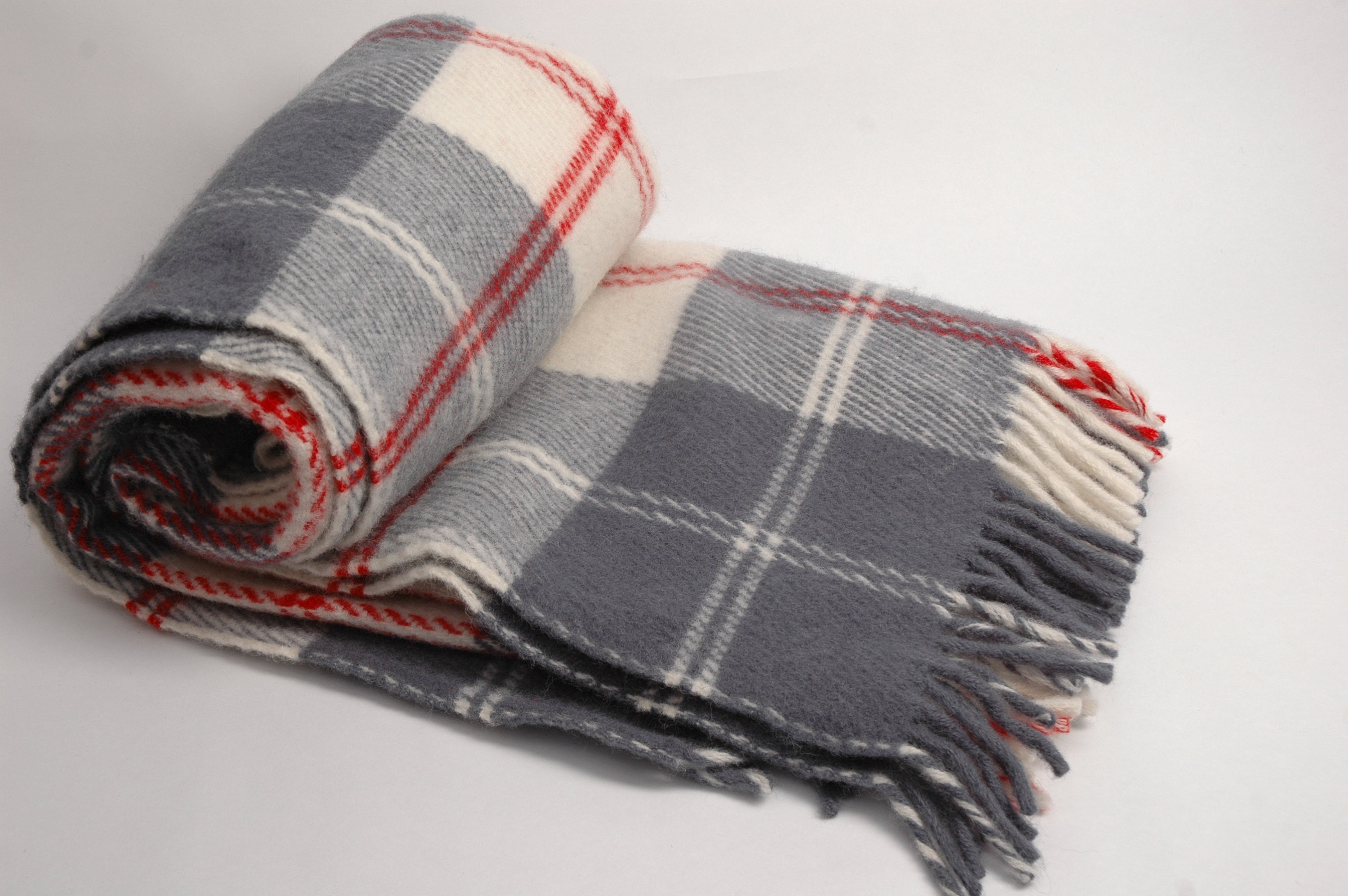 Grey/white/red classic check wool throw blanket with fringes | Etsy