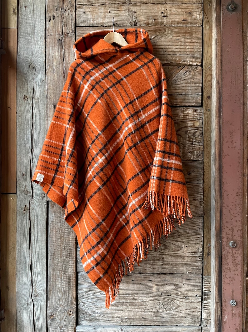 Orange Wool Poncho Cape Hooded in Check Orange Poncho Cape Long ...