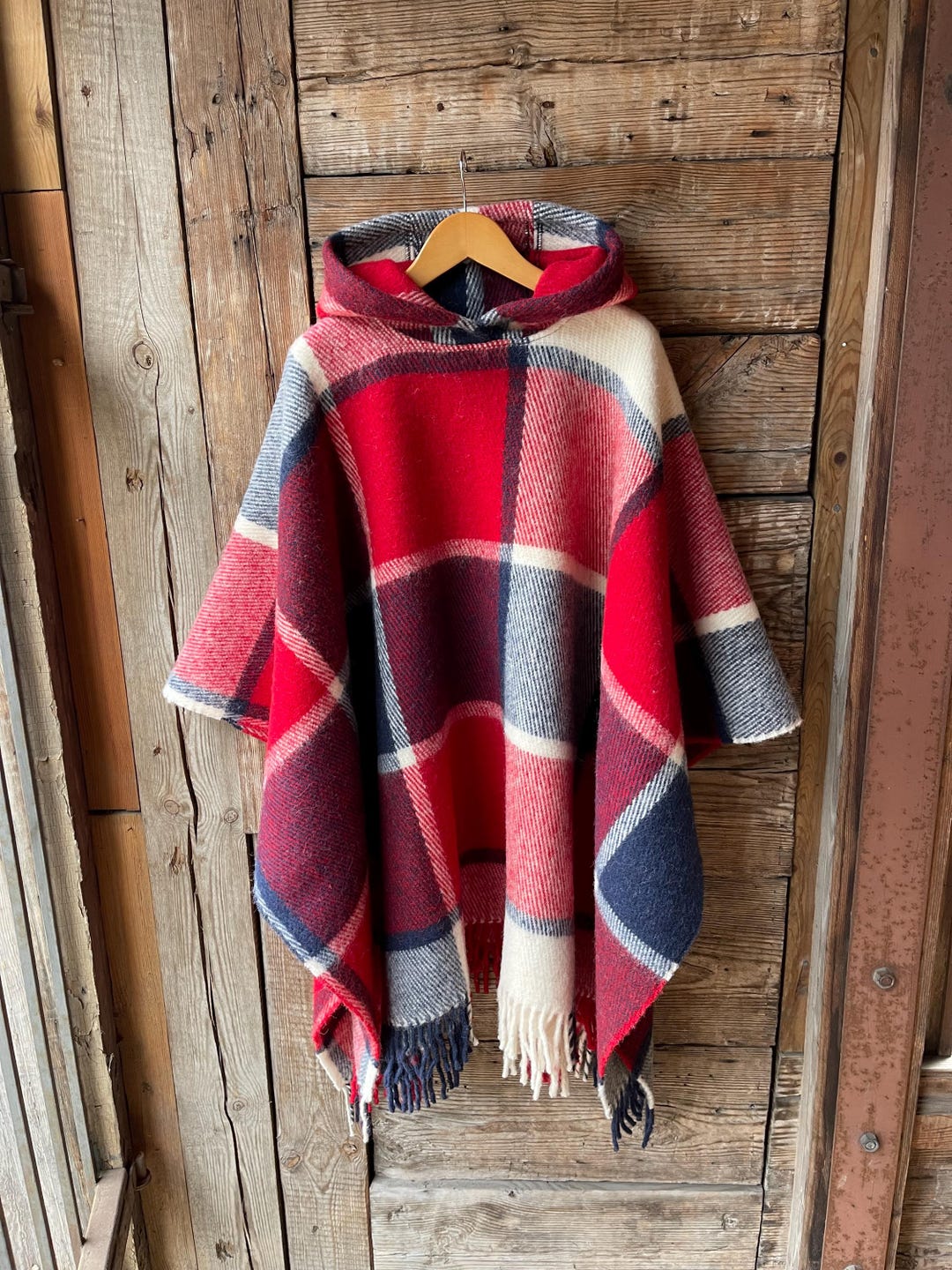 Navy Blue Lambswool Poncho Hooded in Check Blue/red/white Checked ...