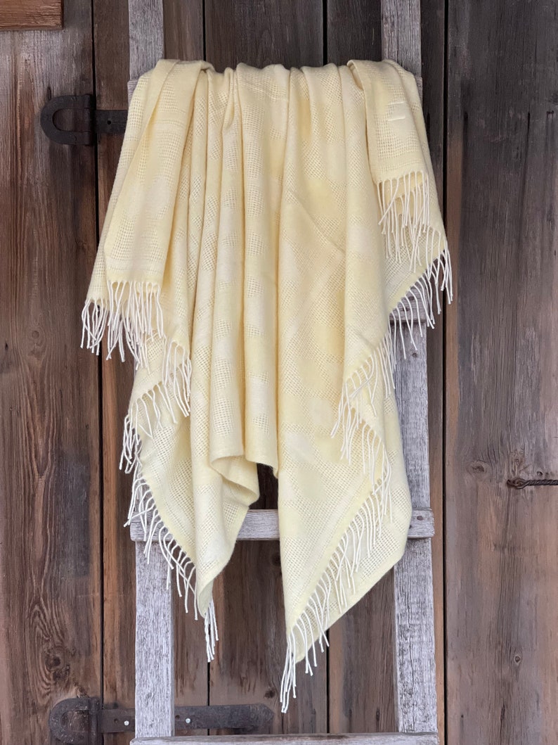 Light Yellow Wool Throw Blanket White Fringes Pure Lambswool Cream ...
