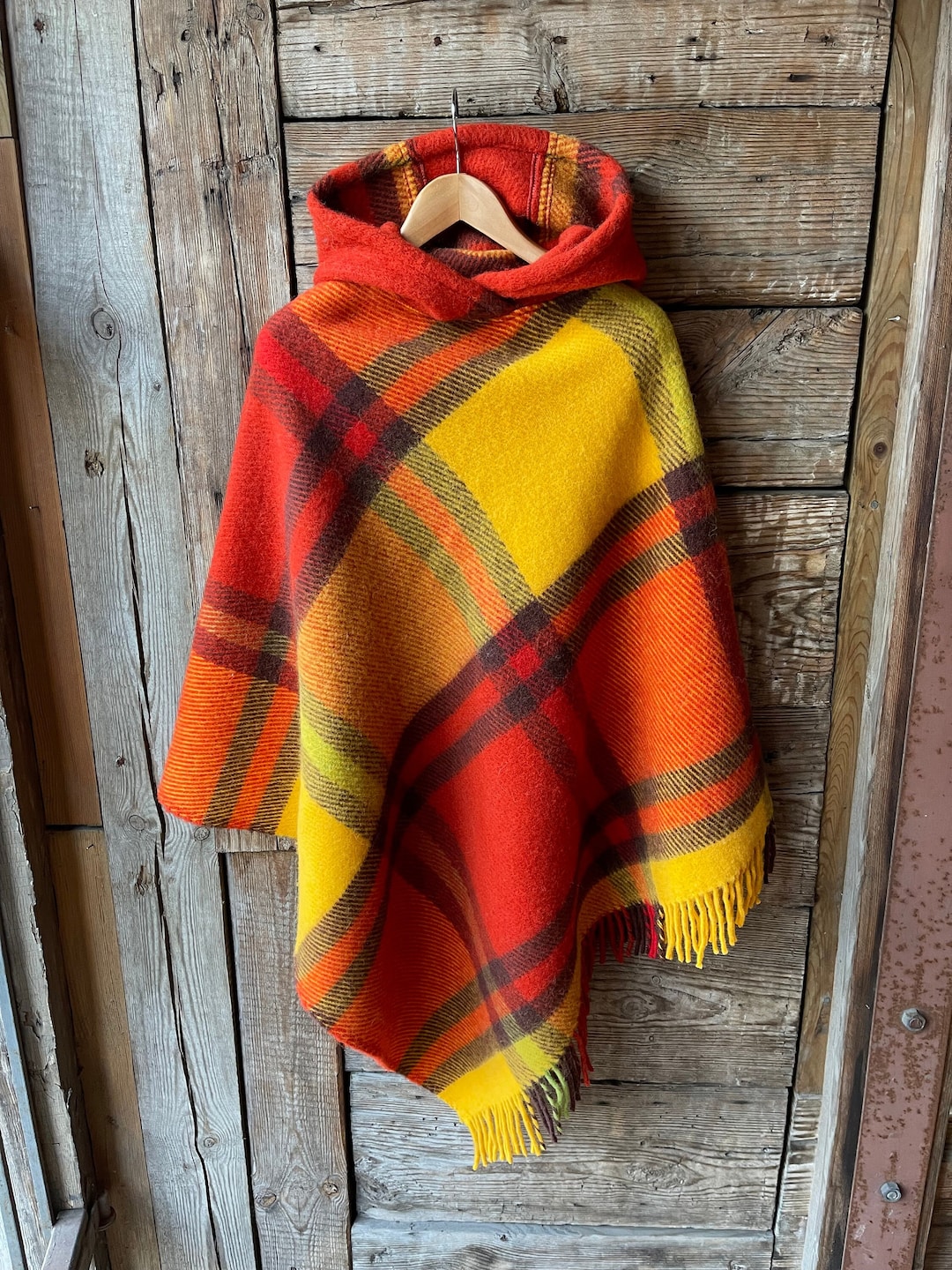 Orange Wool Poncho Cape Hooded in Check Orange/yellow Blanket Poncho ...